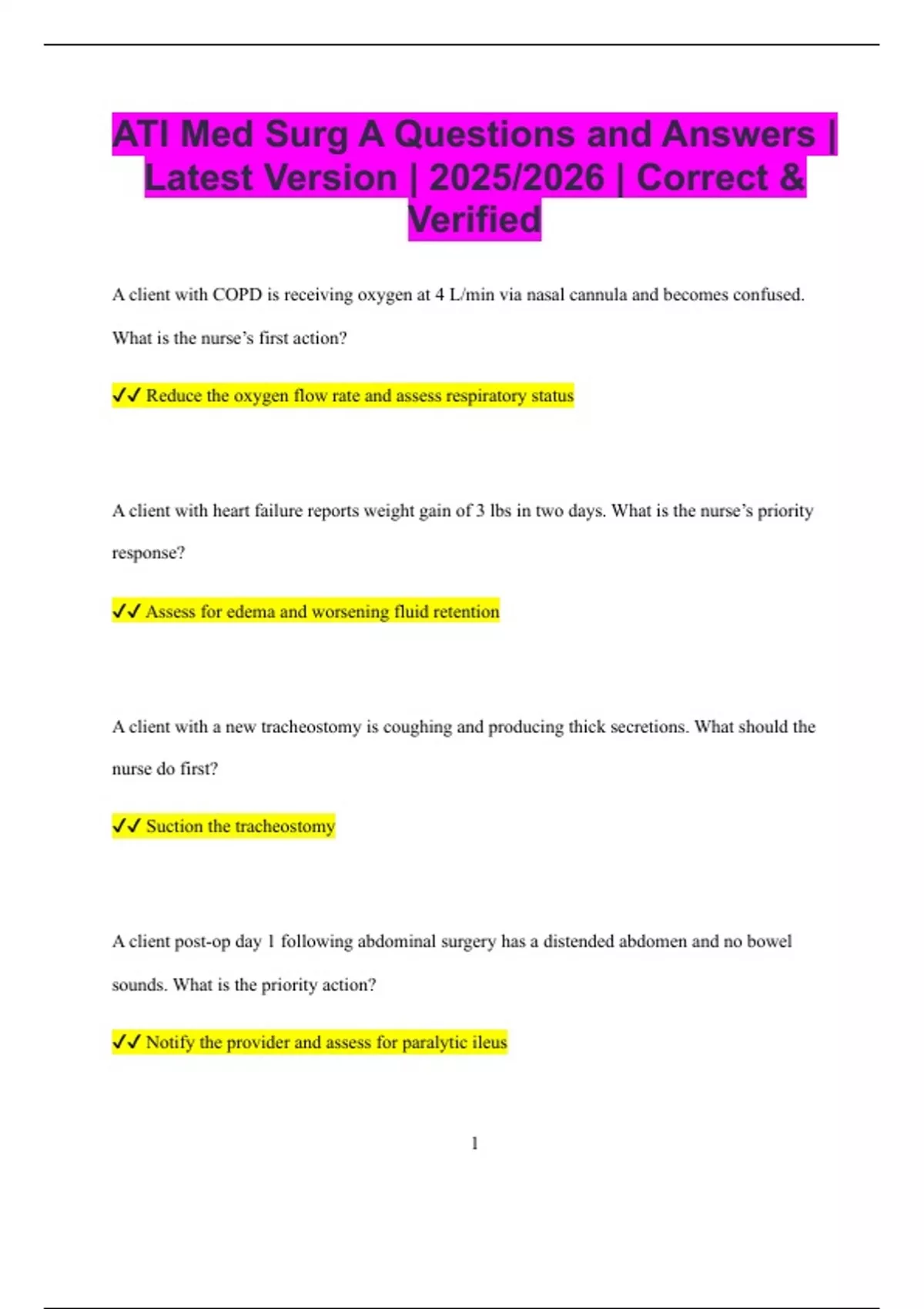 ATI Med Surg A Questions and Answers | Latest Version | 2025/2026 ...