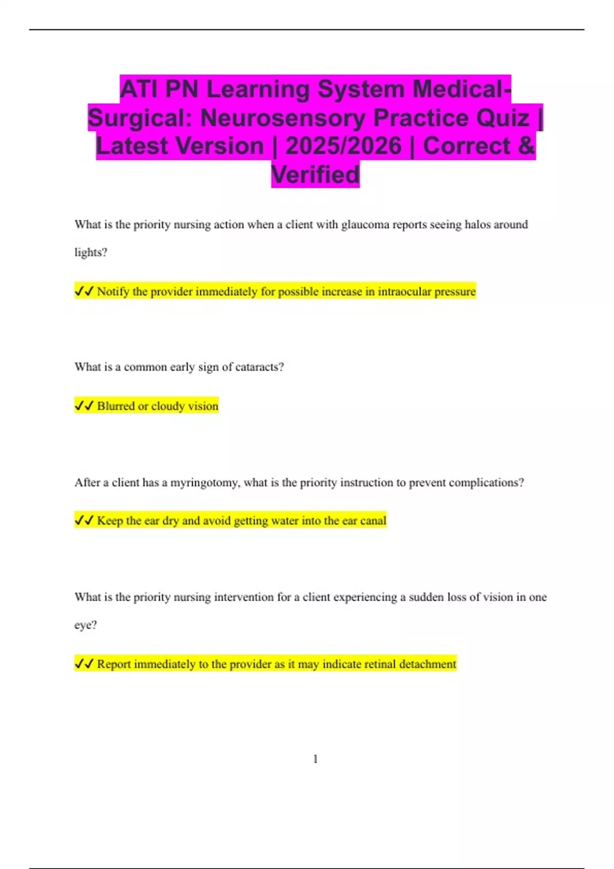 ATI PN Learning System Medical- Surgical: Neurosensory Practice Quiz ...