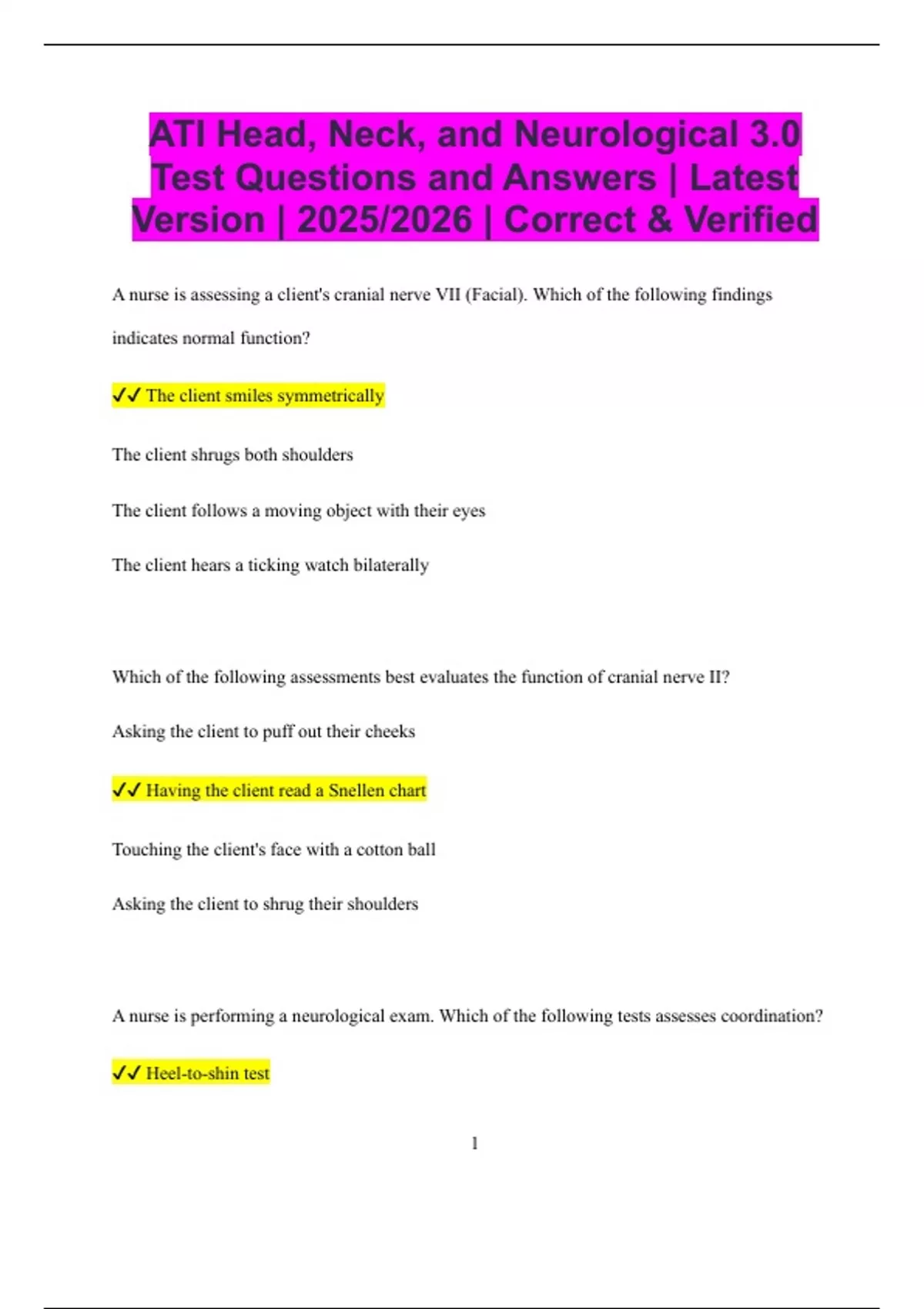ATI Head, Neck, and Neurological 3.0 Test Questions and Answers ...