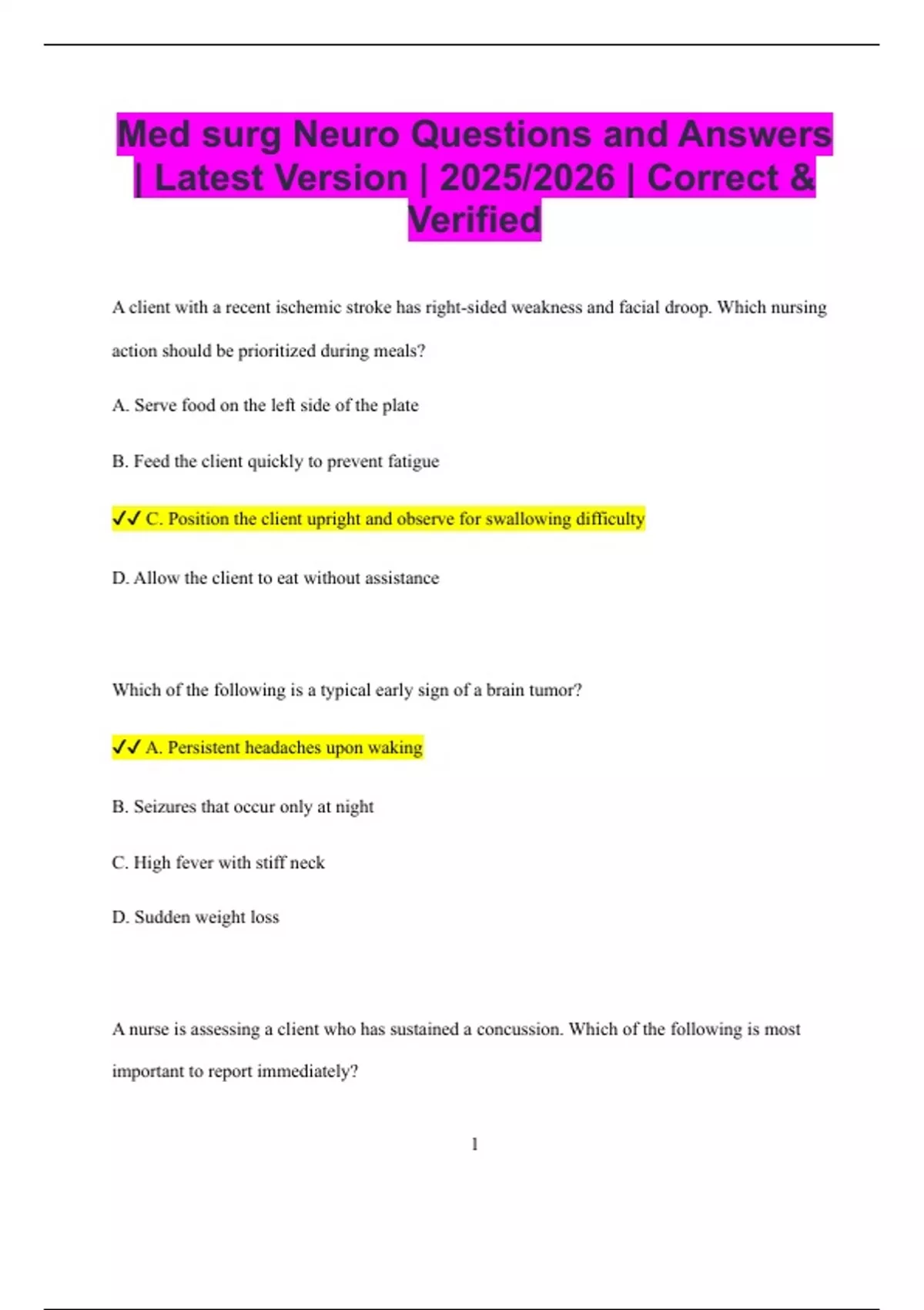Med surg Neuro Questions and Answers | Latest Version | 2025/2026 ...