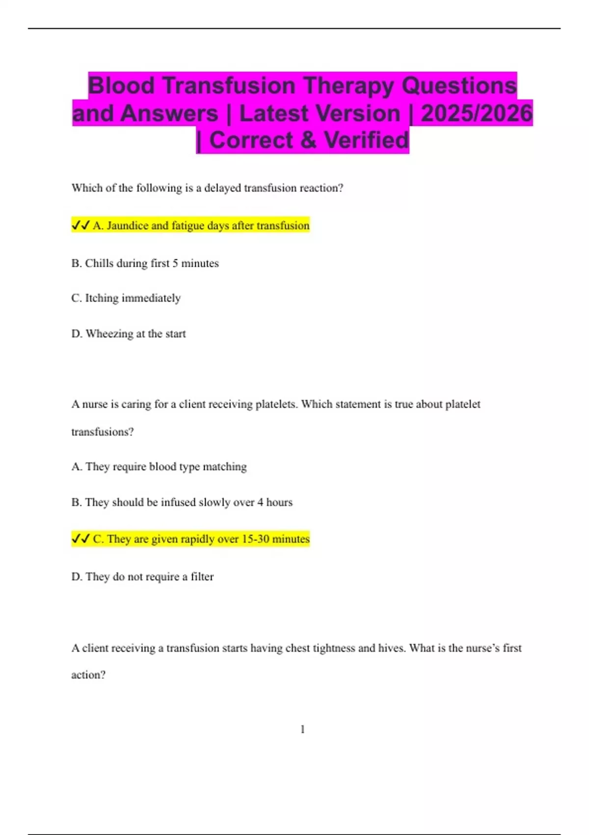 Blood Transfusion Therapy Questions and Answers | Latest Version | 2025 ...