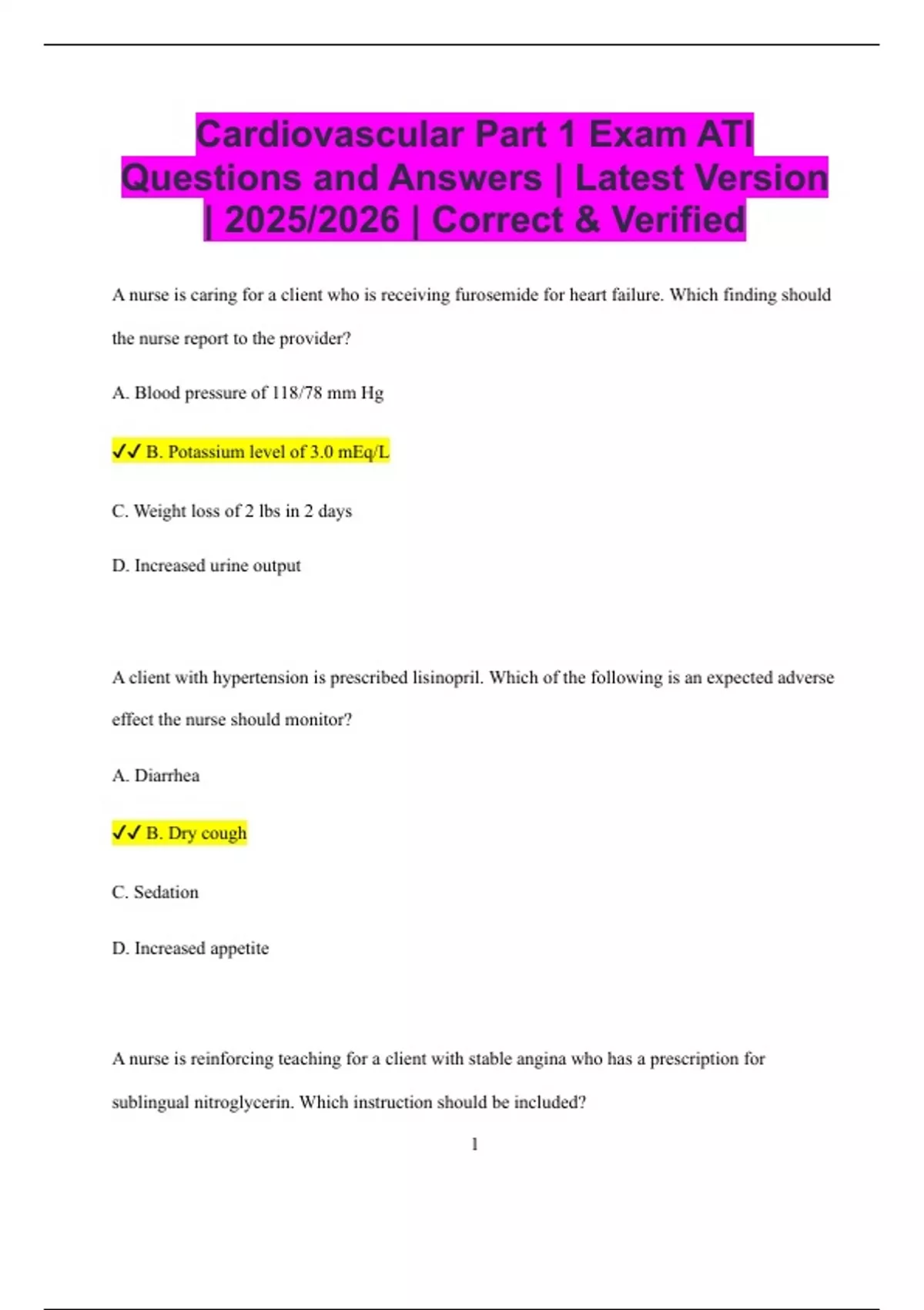 Cardiovascular Part 1 Exam ATI Questions and Answers | Latest Version ...