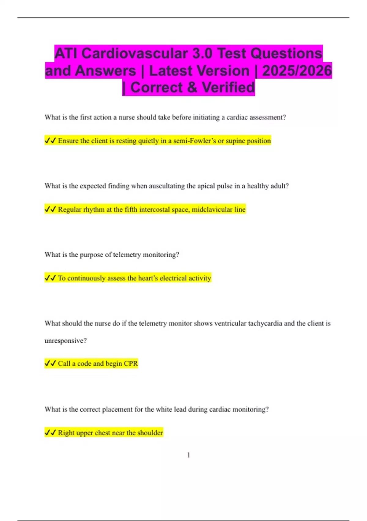 ATI Cardiovascular 3.0 Test Questions and Answers | Latest Version ...