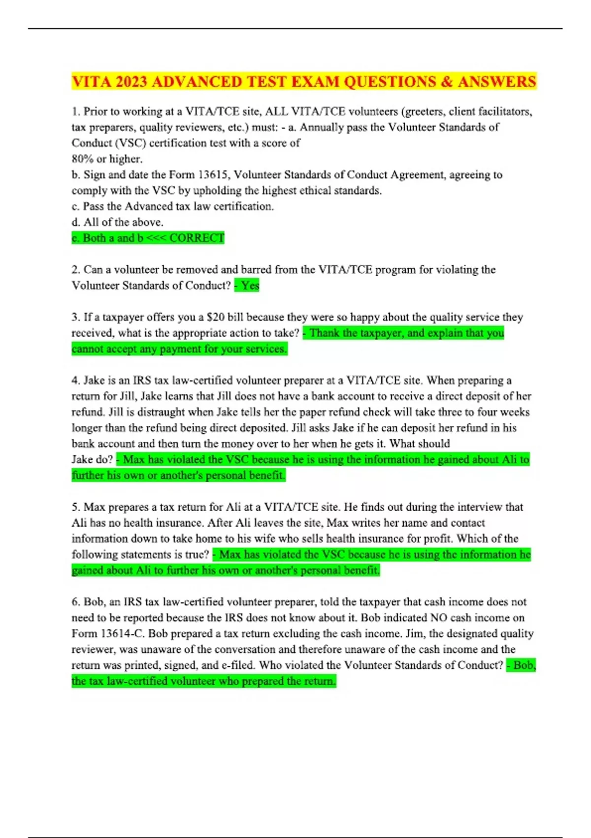 VITA 2023 ADVANCED TEST QUESTIONS AND CORRECT DETAILED ANSWERS WITH ...
