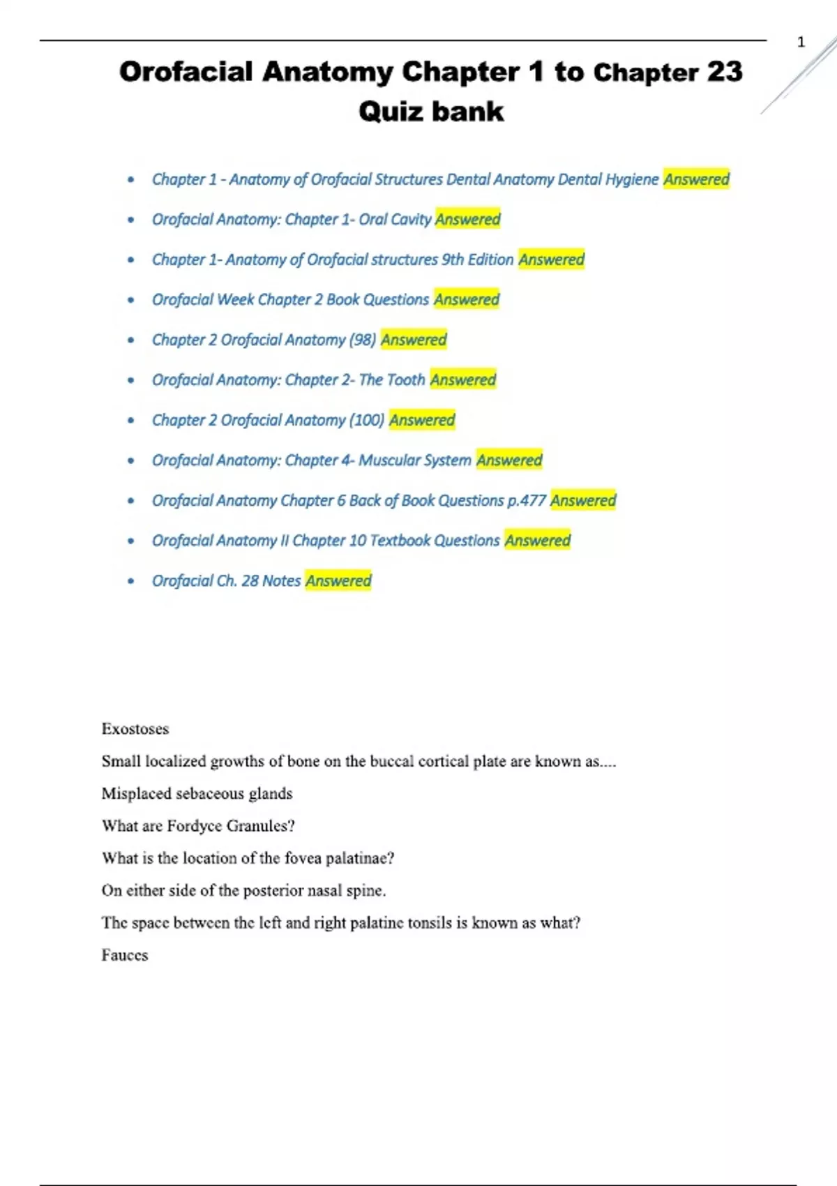 Orofacial Anatomy Chapter 1 to Chapter 23 Quiz bank Chapter 1 - Anatomy ...