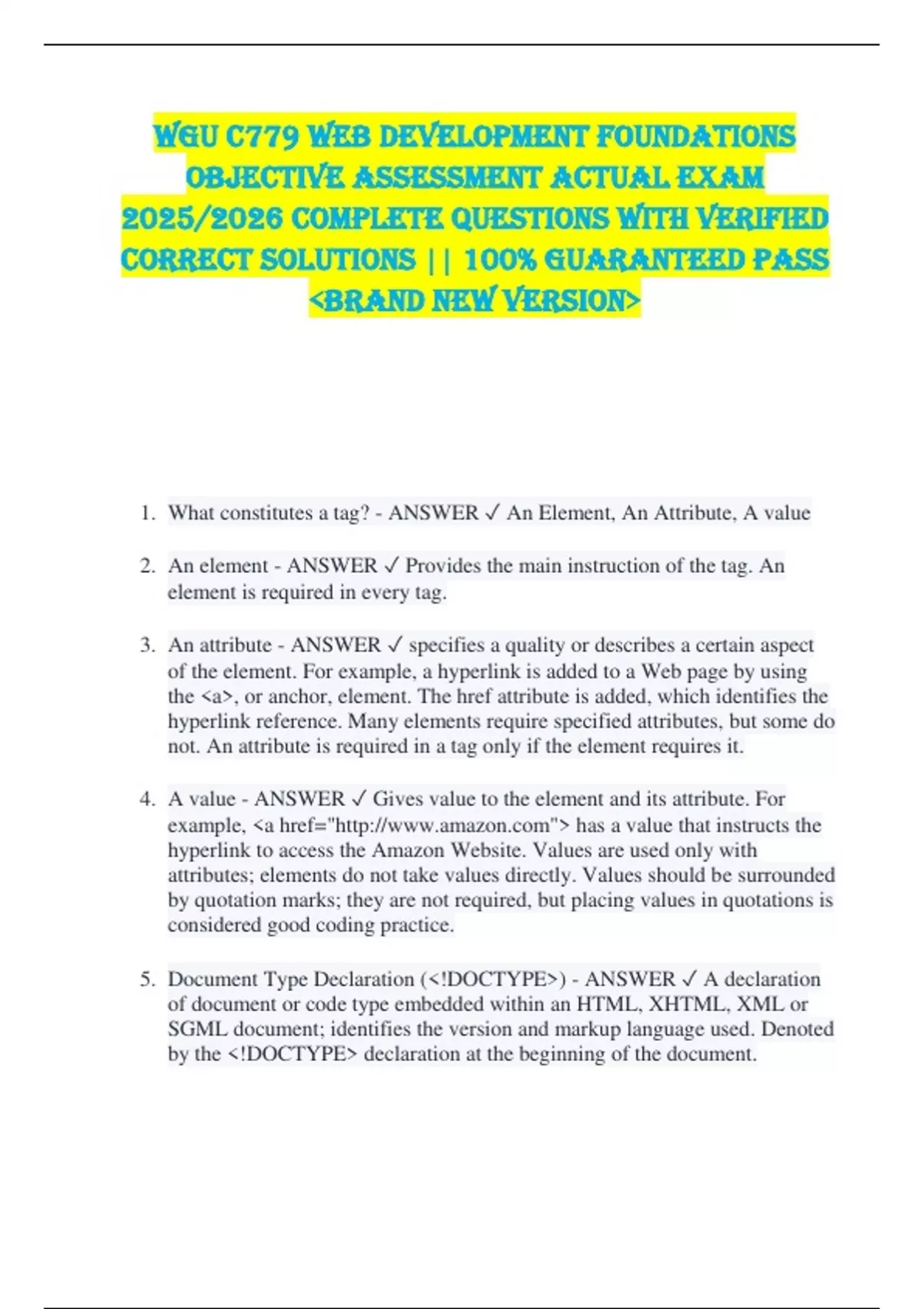 WGU C779 Web Development Foundations OBJECTIVE ASSESSMENT ACTUAL EXAM 2025/2026 COMPLETE ...