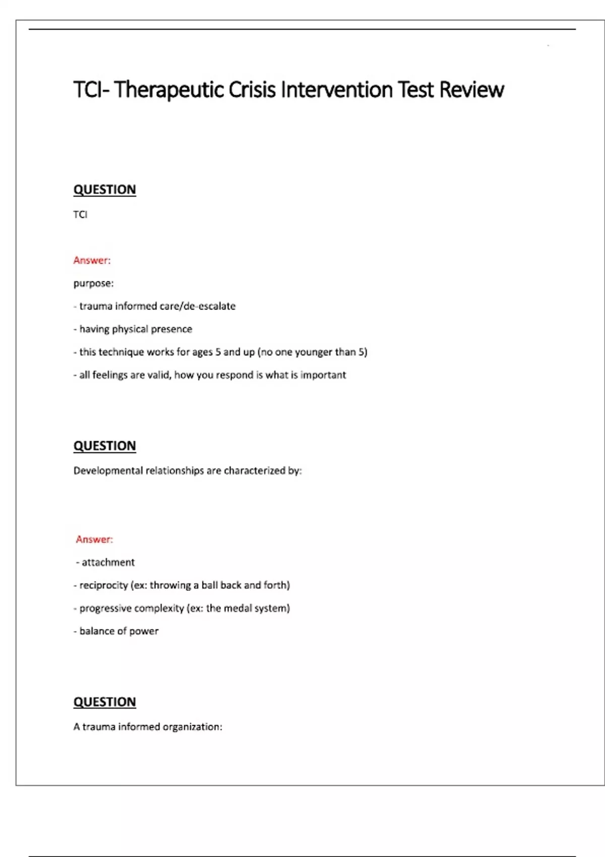TCI - Therapeutic Crisis Intervention Test Review Questions and Correct ...