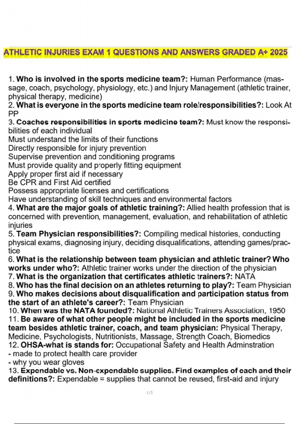 ATHLETIC INJURIES EXAM 1 QUESTIONS AND ANSWERS GRADED A+ 2025 - Sports ...