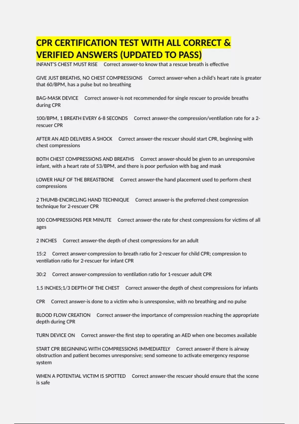 CPR CERTIFICATION TEST WITH ALL CORRECT & VERIFIED ANSWERS (UPDATED TO ...