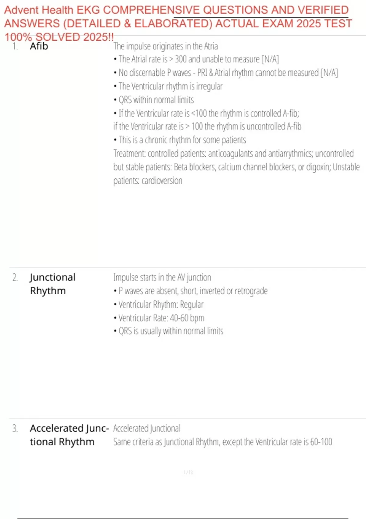 Advent Health EKG COMPREHENSIVE QUESTIONS AND VERIFIED ANSWERS ...