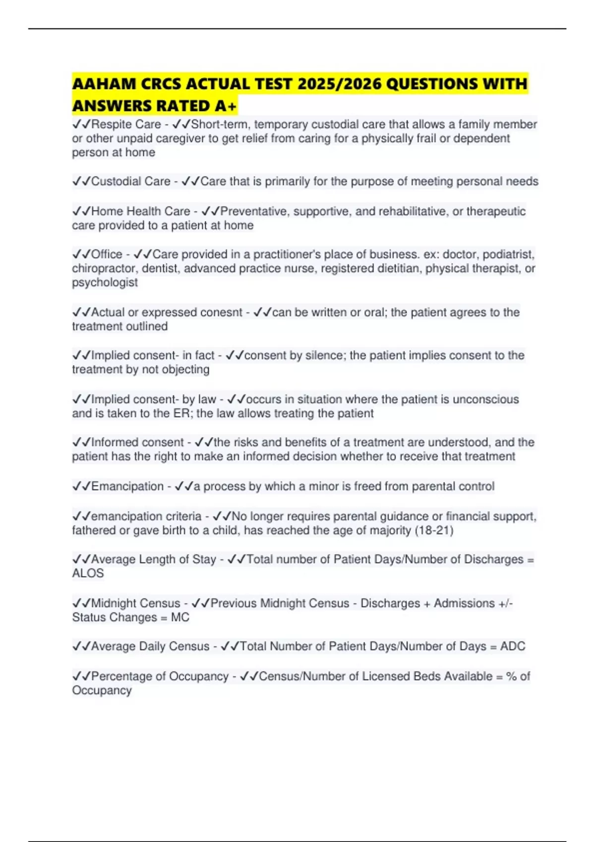 AAHAM CRCS ACTUAL TEST 2025/2026 QUESTIONS WITH ANSWERS RATED A+ ...