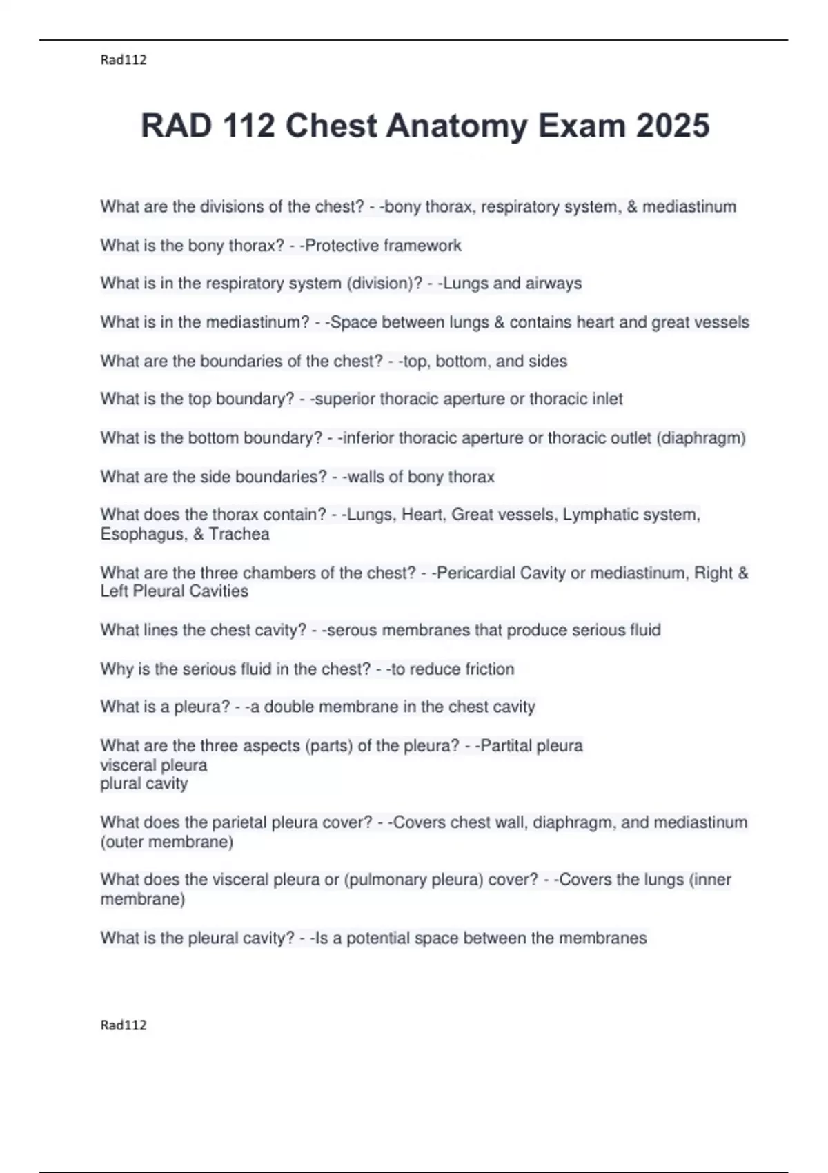 RAD 112 Chest Anatomy Exam 2025 - RAD 112 - Stuvia US