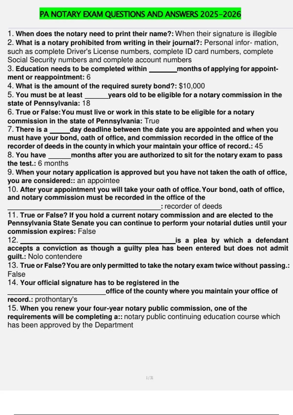 PA NOTARY EXAM QUESTIONS AND ANSWERS - Notary Services - Stuvia US