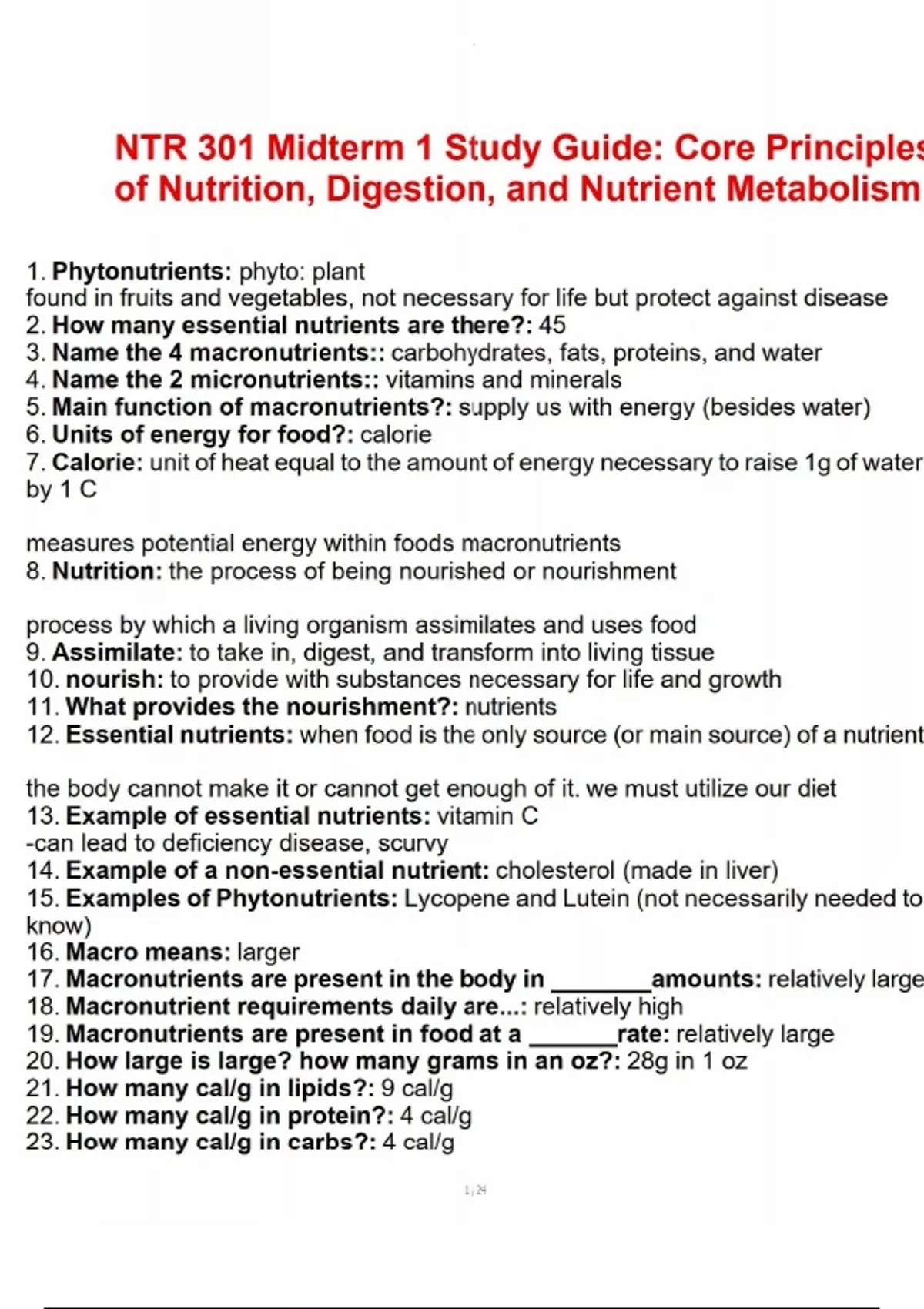 NTR 301 Midterm 1 Study Guide: Core Principles of Nutrition, Digestion ...