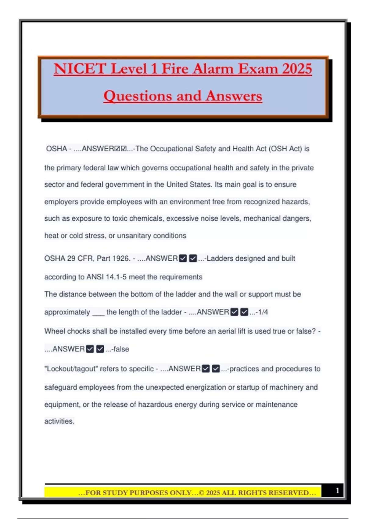 NICET Level 1 Fire Alarm Exam 2025 Questions and Answers - NICET Level ...