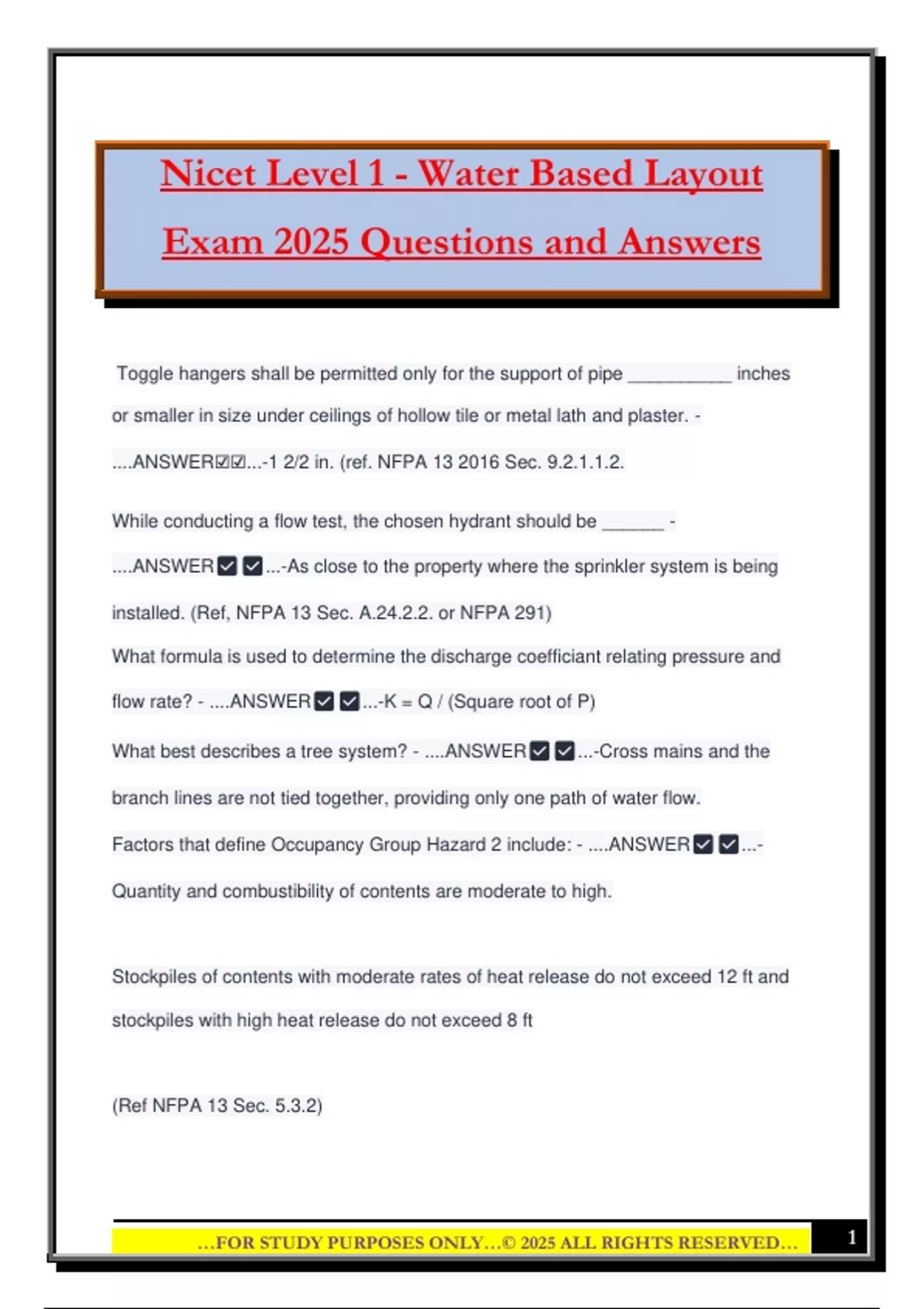 Nicet Level 1 - Water Based Layout Exam 2025 Questions and Answers ...