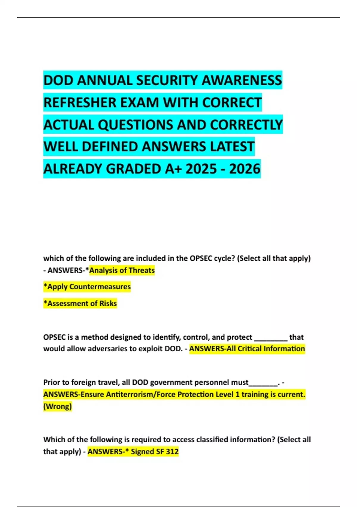DOD ANNUAL SECURITY AWARENESS REFRESHER EXAM WITH CORRECT ACTUAL ...