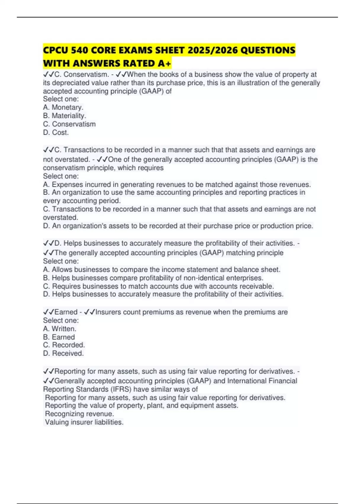 CPCU 540 CORE EXAMS SHEET 2025/2026 QUESTIONS WITH ANSWERS RATED A+ - CPCU 540 - Stuvia US