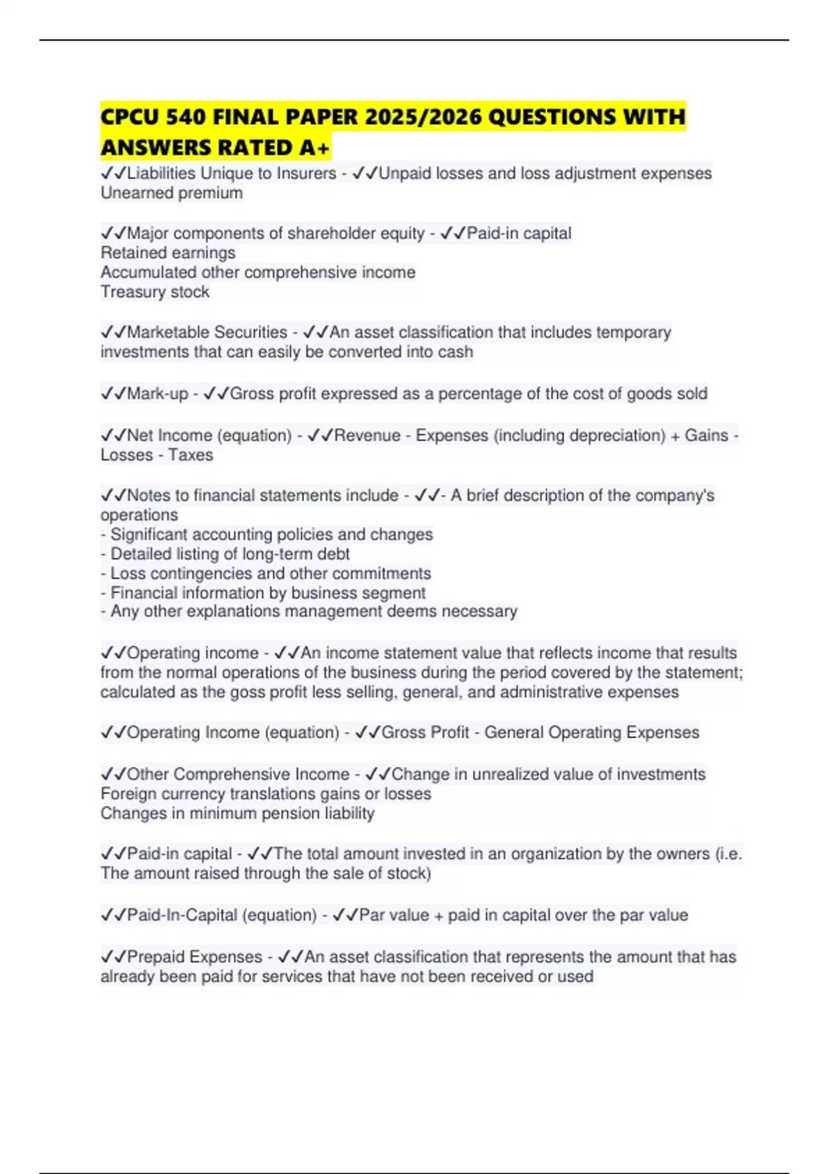 CPCU 540 FINAL PAPER 2025/2026 QUESTIONS WITH ANSWERS RATED A+ - CPCU ...