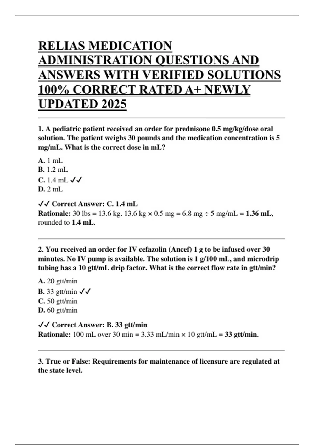 RELIAS MEDICATION ADMINISTRATION QUESTIONS AND ANSWERS WITH VERIFIED SOLUTIONS 100% CORRECT ...