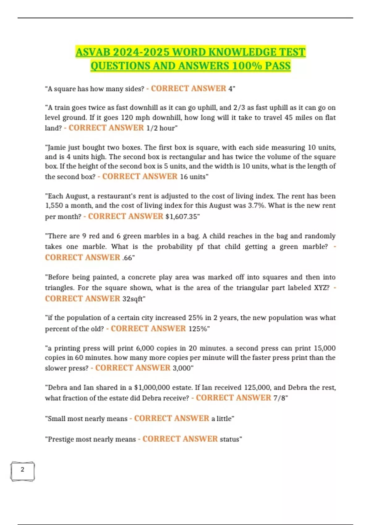 ASVAB WORD KNOWLEDGE TEST QUESTIONS AND ANSWERS 100% PASS - ASVAB ...