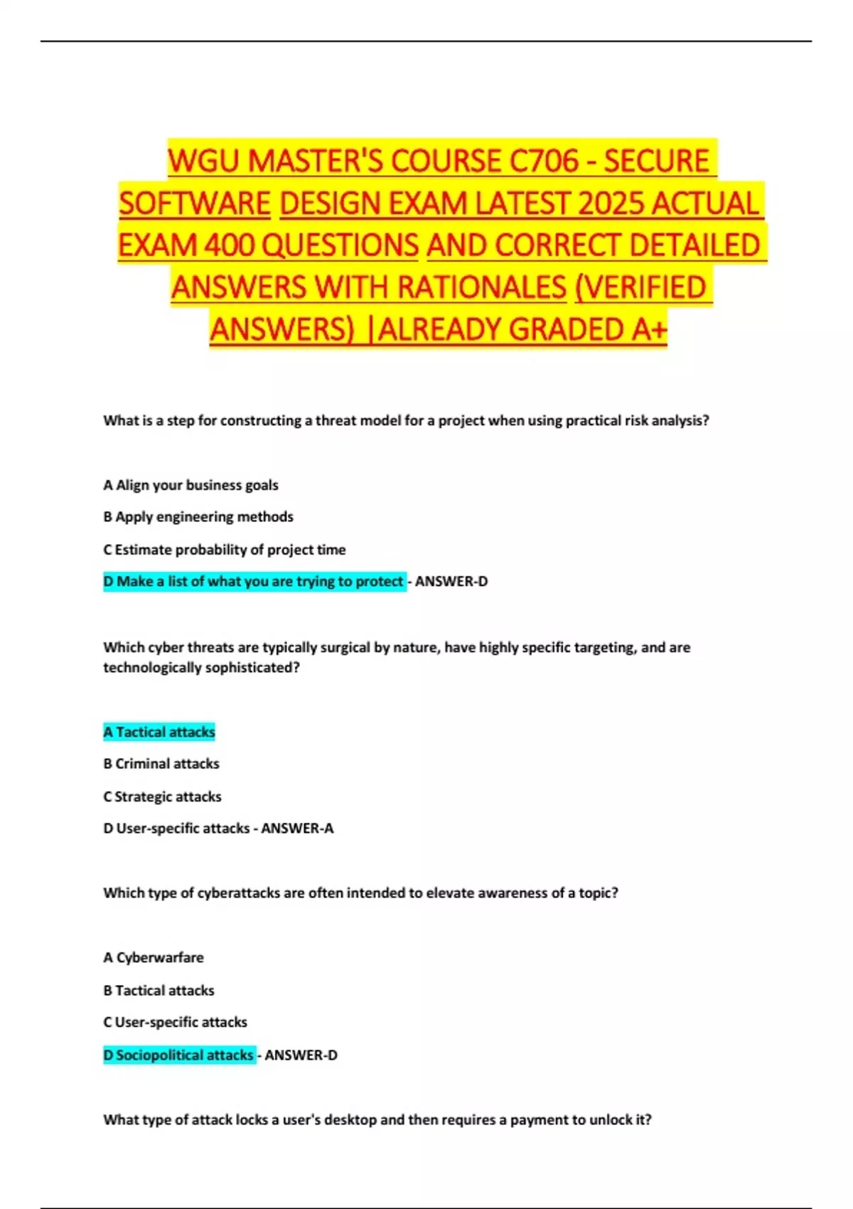 WGU MASTER'S COURSE C706 - SECURE SOFTWARE DESIGN EXAM LATEST 2025 ...