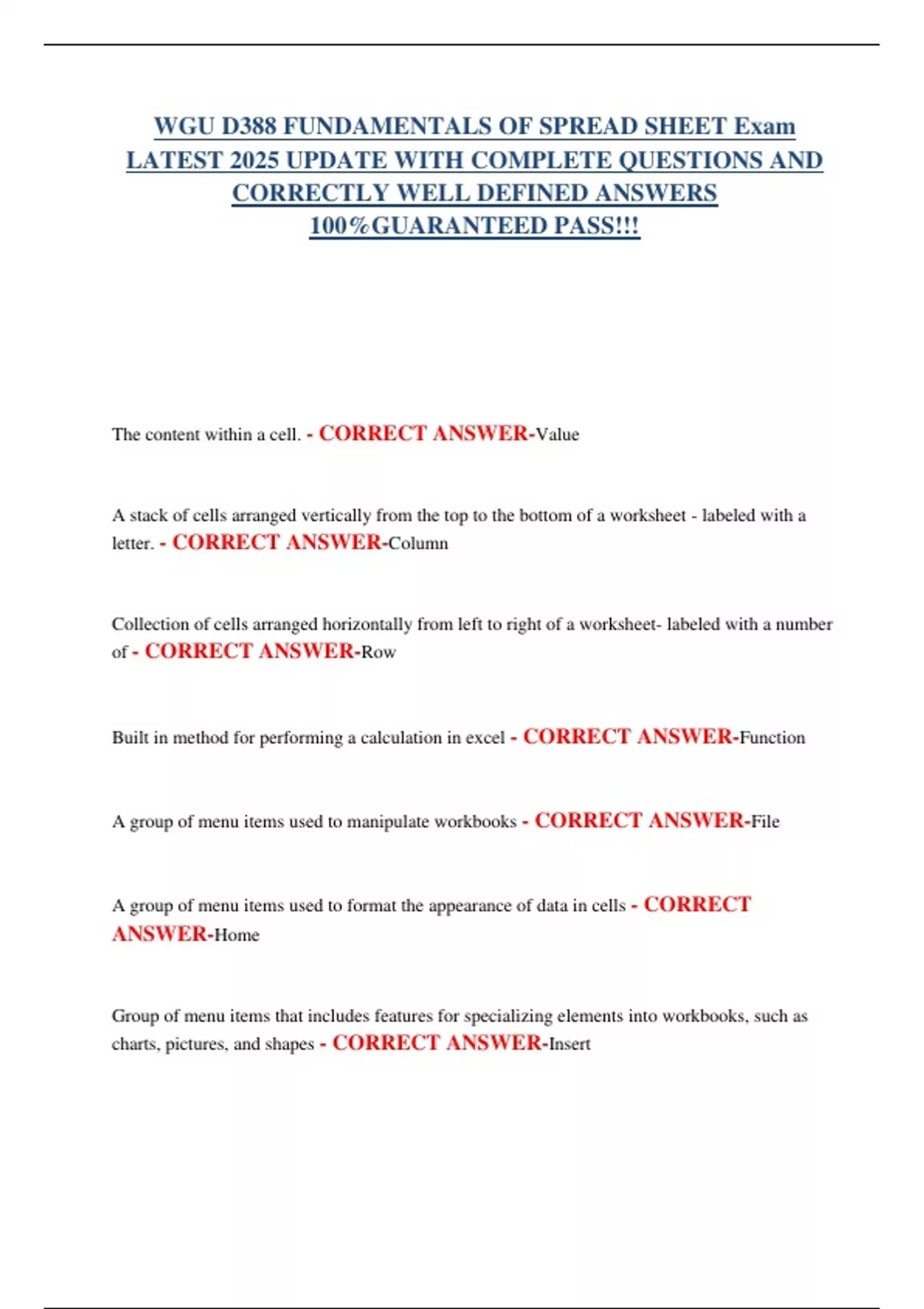 WGU D388 FUNDAMENTALS OF SPREAD SHEET Exam LATEST 2025 UPDATE WITH ...