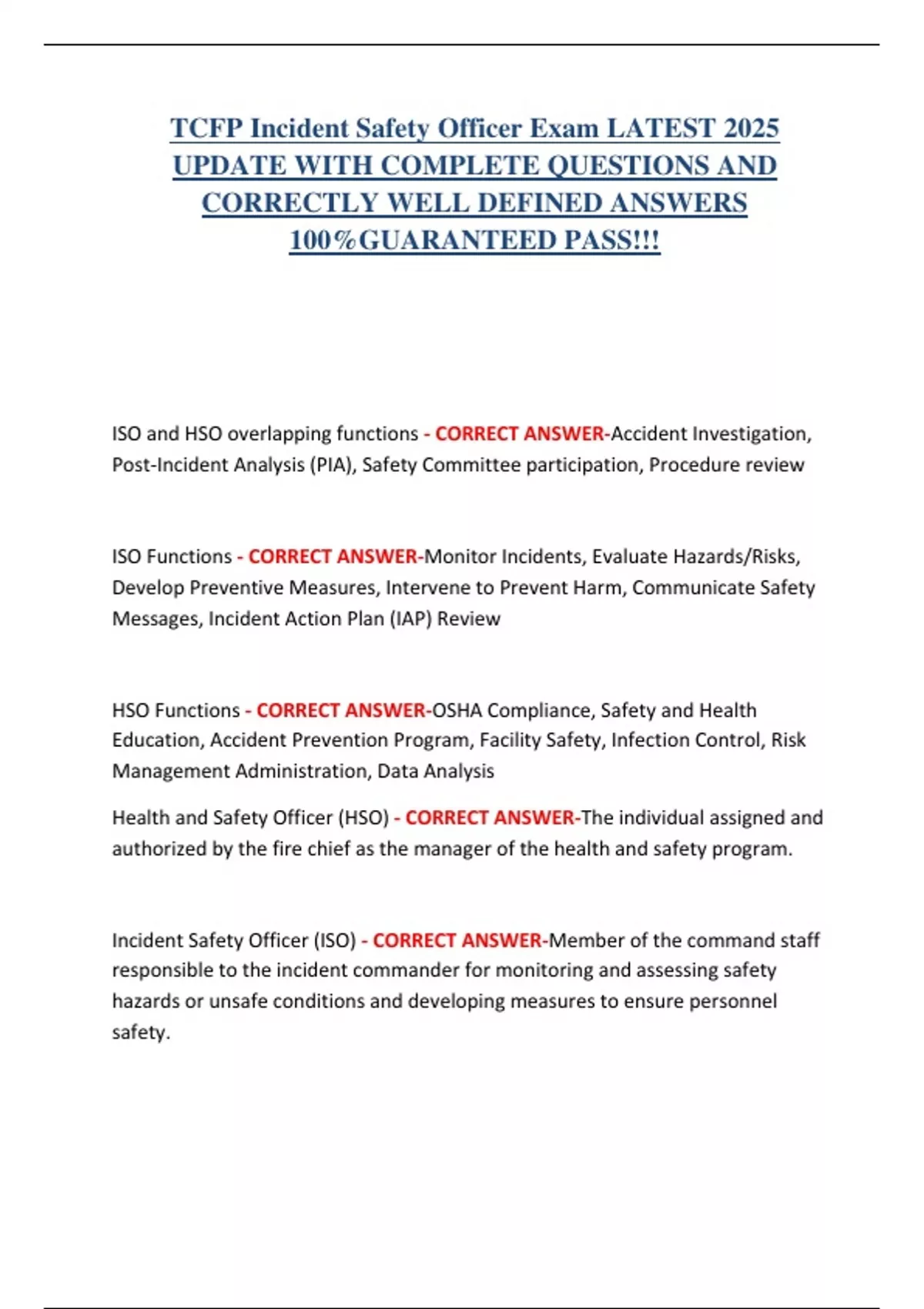 TCFP Incident Safety Officer Exam LATEST 2025 UPDATE WITH COMPLETE ...