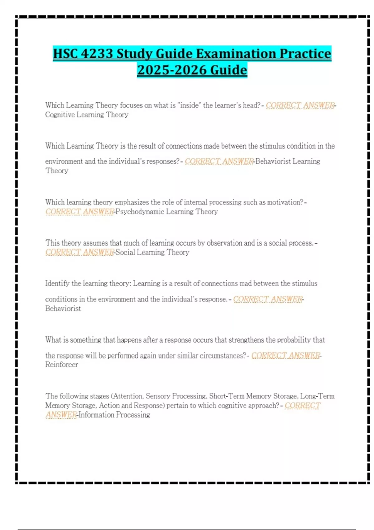 HSC 4233 Study Guide Examination Practice Guide - HSC 4233 Patient Health Education - Stuvia US