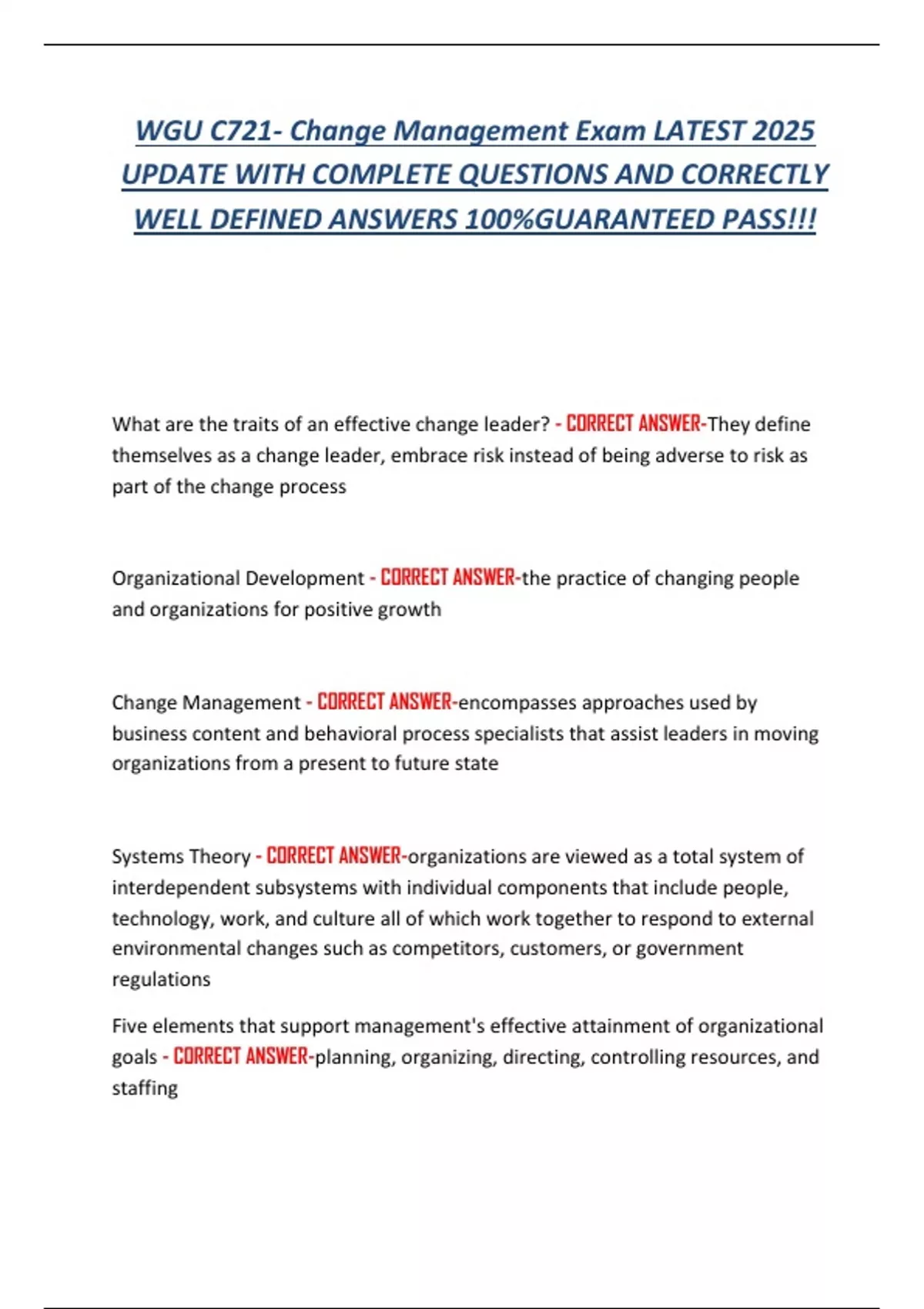 WGU C721- Change Management Exam LATEST 2025 UPDATE WITH COMPLETE ...
