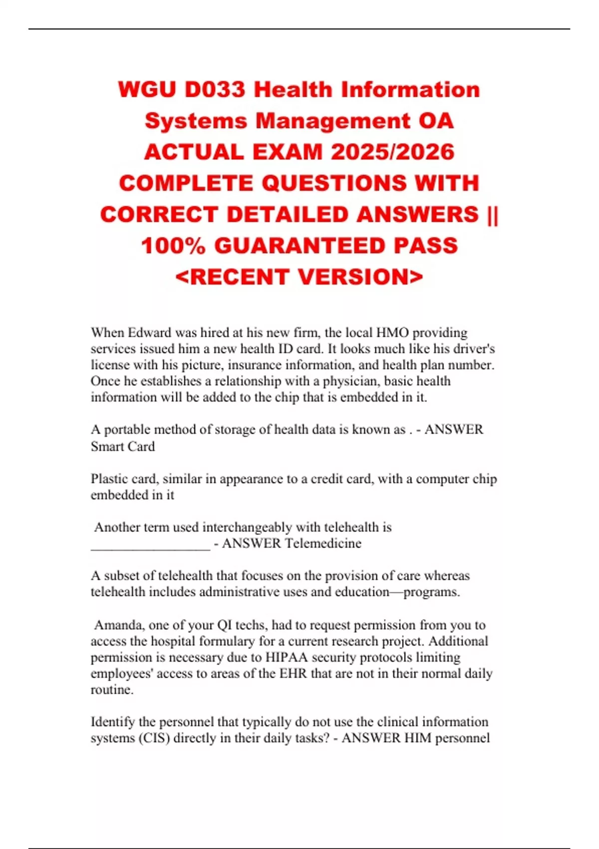 WGU D033 Health Information Systems Management OA ACTUAL EXAM 2025/2026 ...