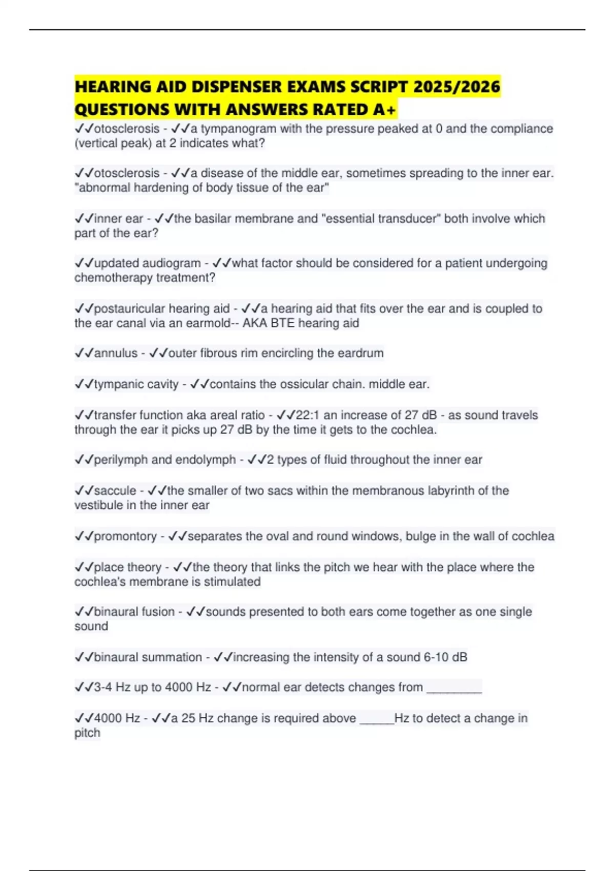 HEARING AID DISPENSER EXAMS SCRIPT 2025/2026 QUESTIONS WITH ANSWERS ...