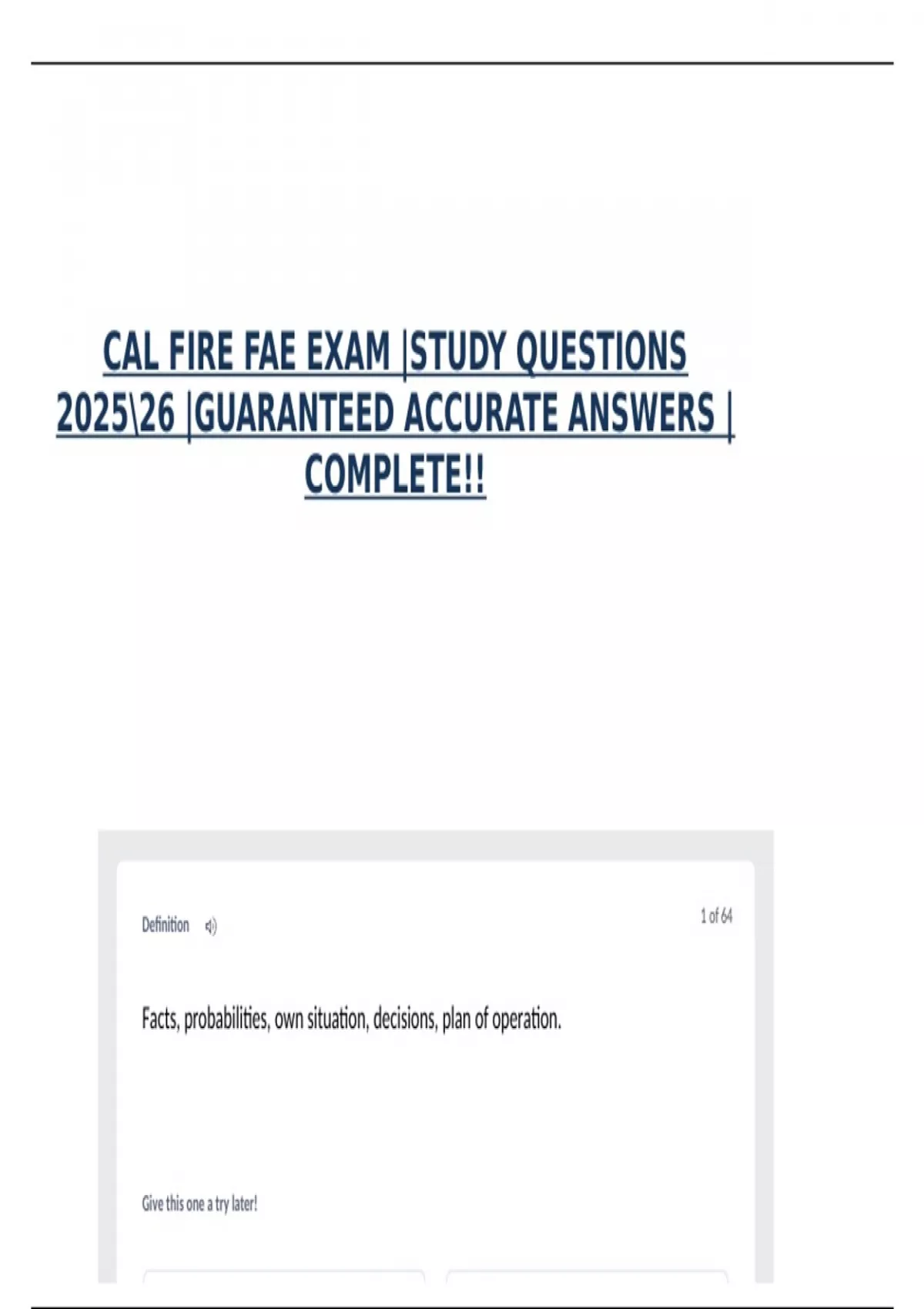 CAL FIRE FAE EXAM |STUDY QUESTIONS 202526 |GUARANTEED ACCURATE ANSWERS ...