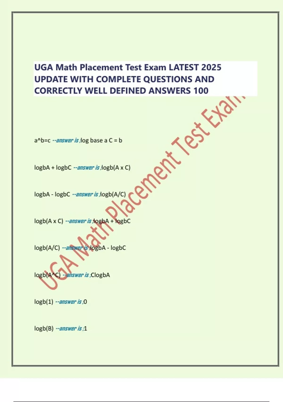 UGA Math Placement Test Exam LATEST 2025 UPDATE WITH COMPLETE QUESTIONS ...