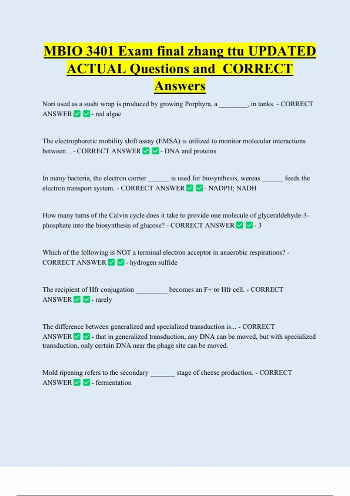 MBIO 3401 Exam final zhang ttu UPDATED ACTUAL Questions and CORRECT Answers - MBIO 3401 - Stuvia US