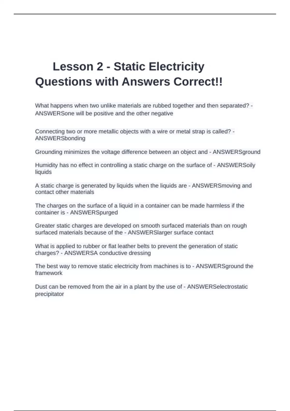 Lesson 2 - Static Electricity Questions with Answers Correct!! - Lesson ...