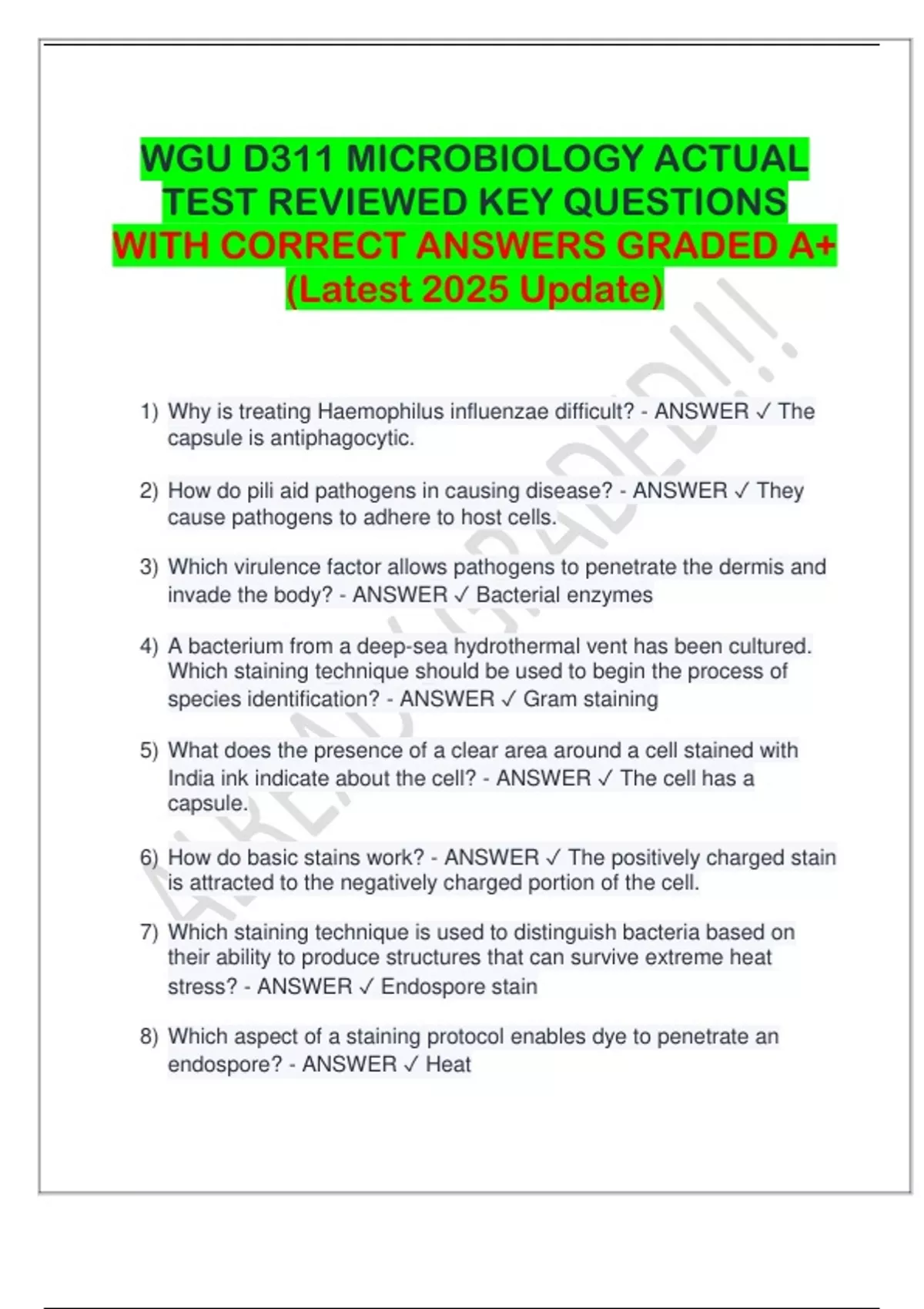 WGU D311 MICROBIOLOGY ACTUAL TEST REVIEWED KEY QUESTIONS WITH CORRECT ...