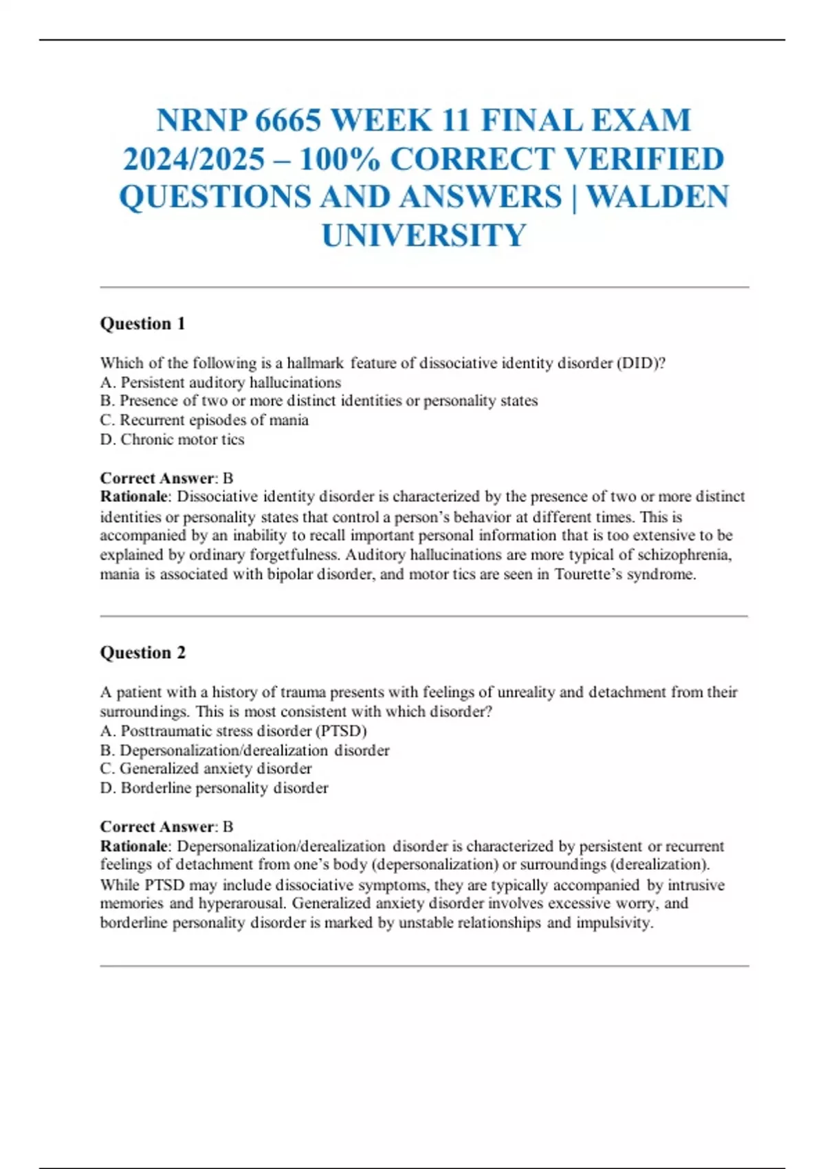 NRNP 6665 WEEK 11 FINAL EXAM 2024/2025 – 100% CORRECT VERIFIED QUESTIONS AND ANSWERS | WALDEN ...