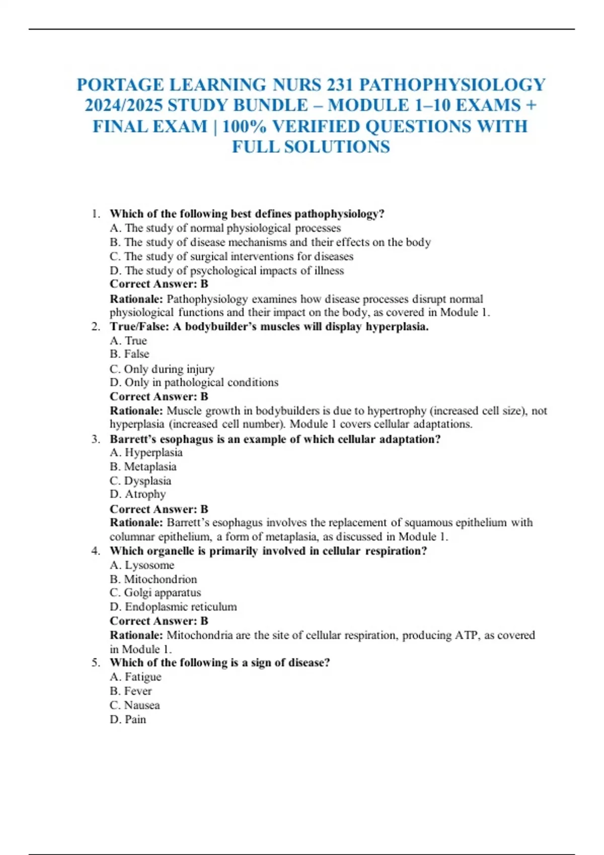 PORTAGE LEARNING NURS 231 PATHOPHYSIOLOGY 2024/2025 STUDY BUNDLE ...
