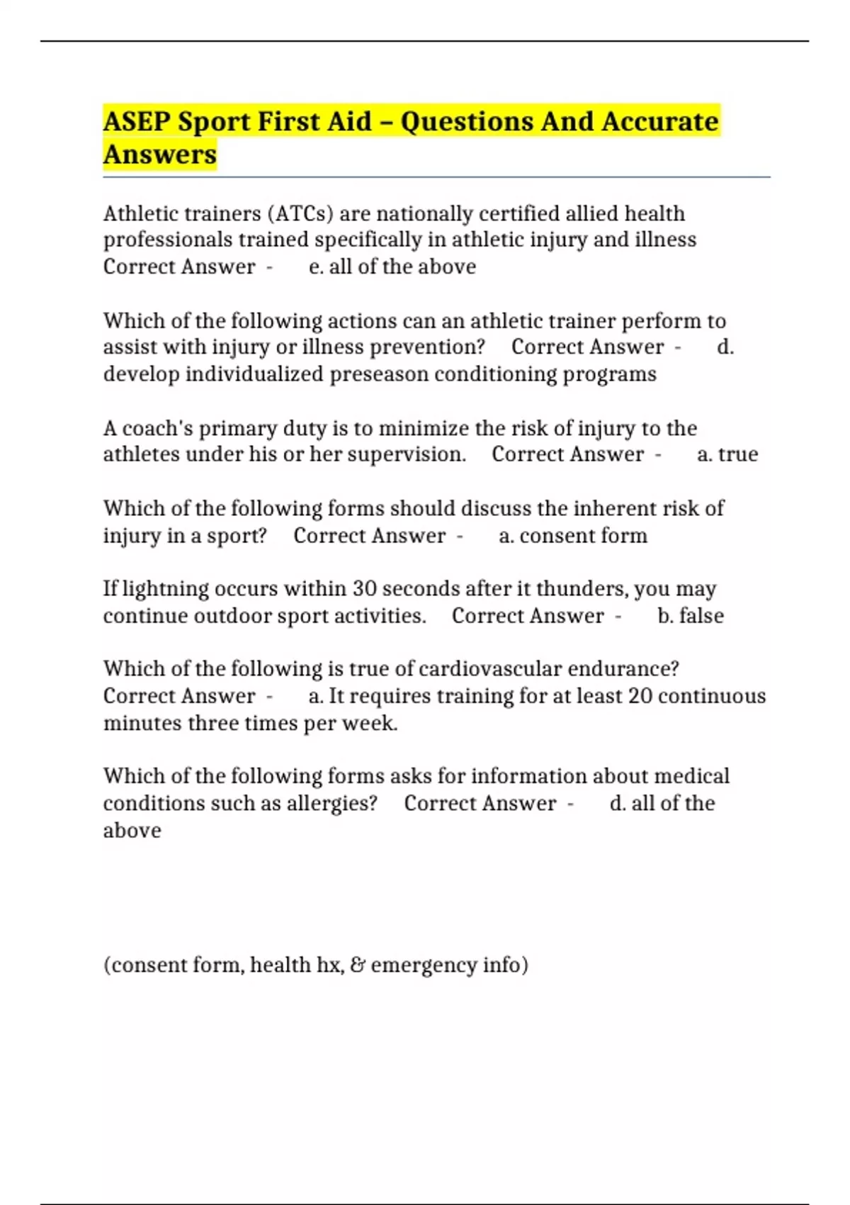 ASEP Sport First Aid – Questions And Accurate Answers - SPORTS FIRST ...