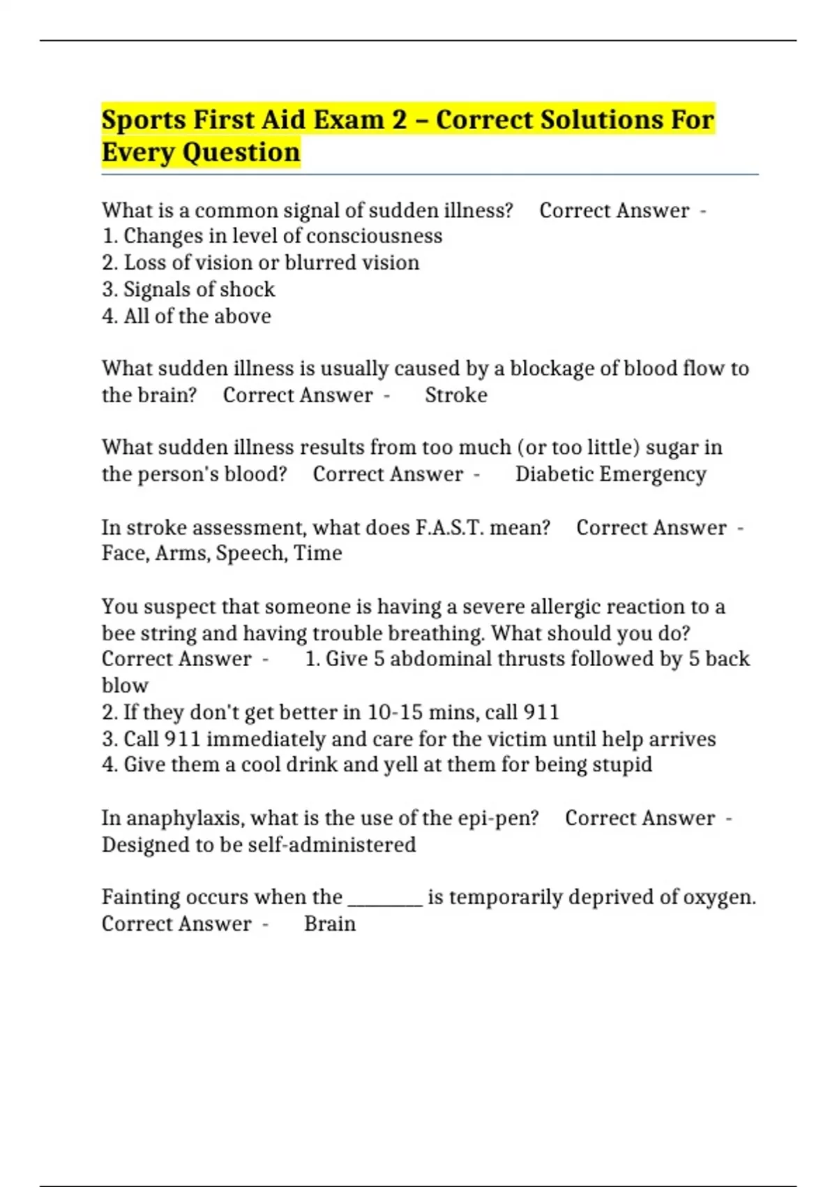 Sports First Aid Exam 2 – Correct Solutions For Every Question - SPORTS ...