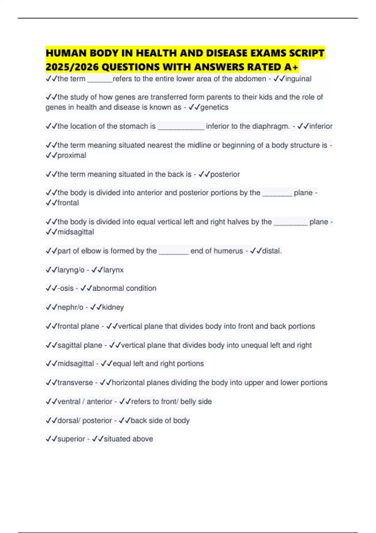 HUMAN BODY IN HEALTH AND DISEASE EXAMS SCRIPT 2025/2026 QUESTIONS WITH ...