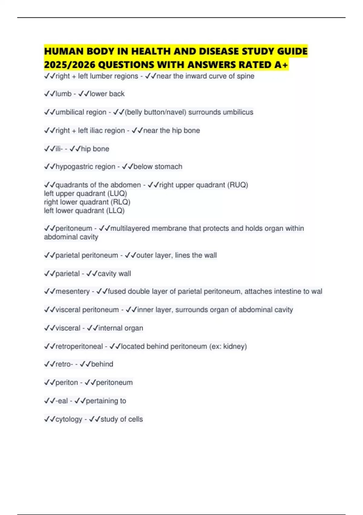 HUMAN BODY IN HEALTH AND DISEASE STUDY GUIDE 2025/2026 QUESTIONS WITH ...