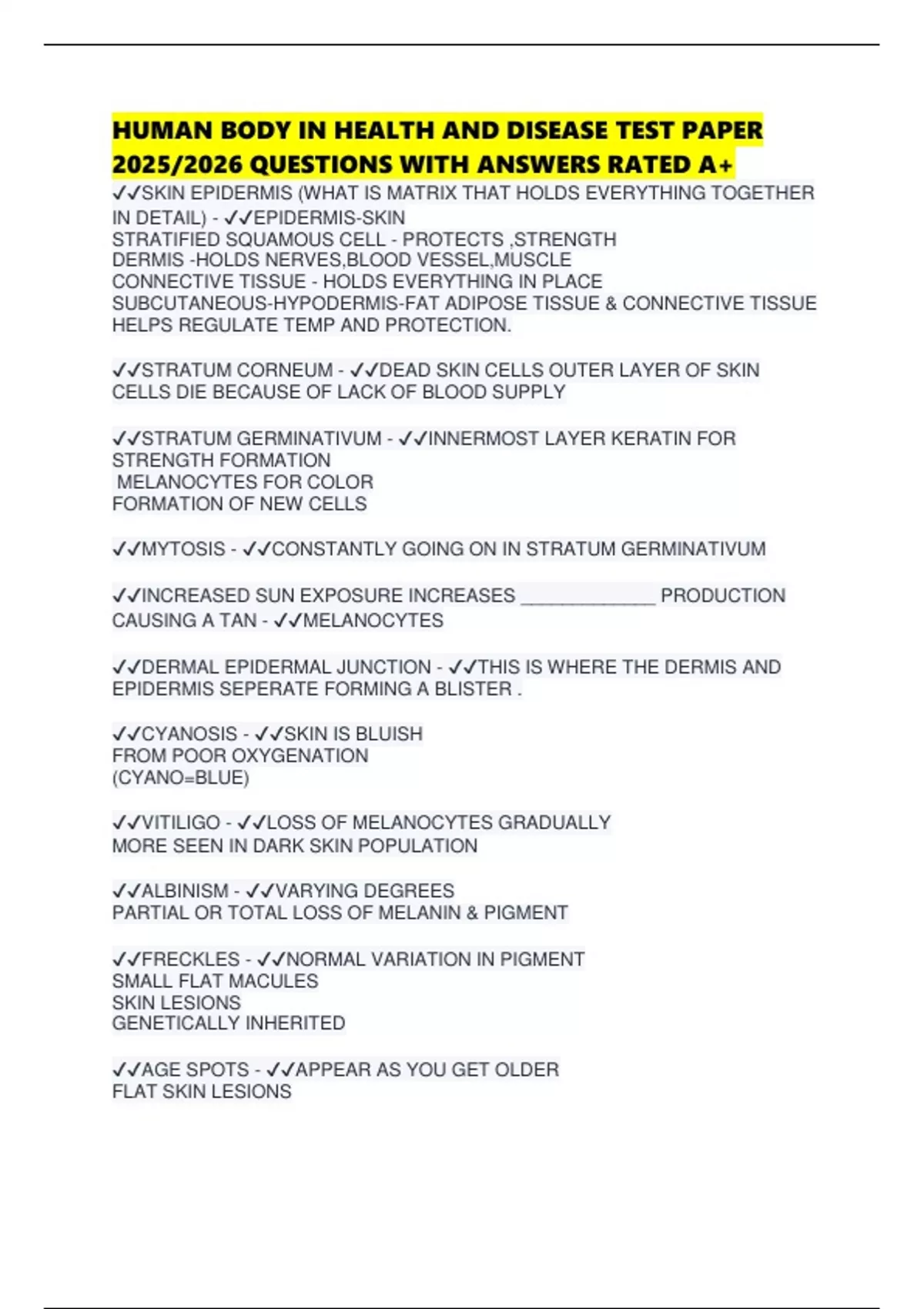 HUMAN BODY IN HEALTH AND DISEASE TEST PAPER 2025/2026 QUESTIONS WITH ...