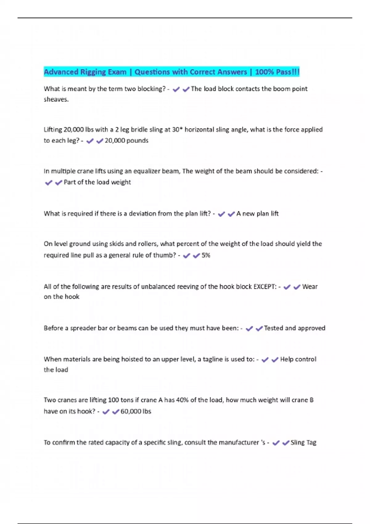 Advanced Rigging Exam | Questions with Correct Answers | 100% Pass ...