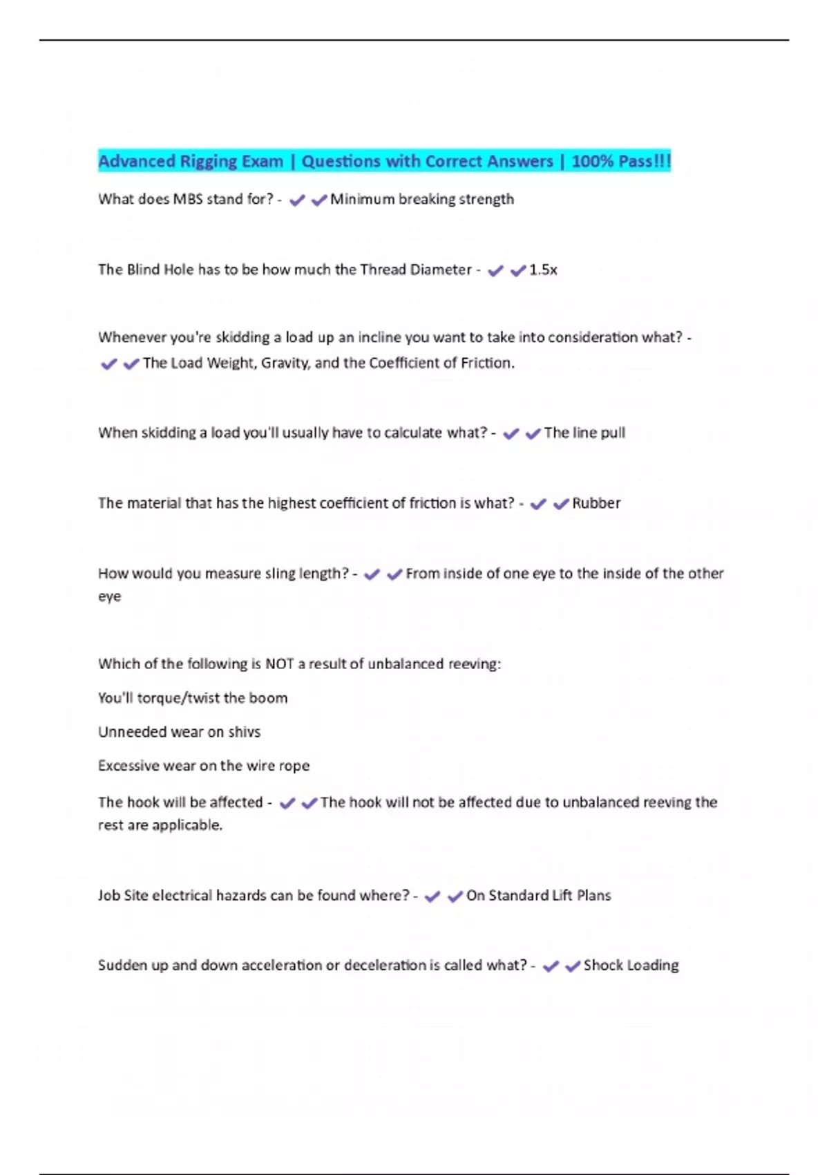Advanced Rigging Exam | Questions with Correct Answers | 100% Pass ...