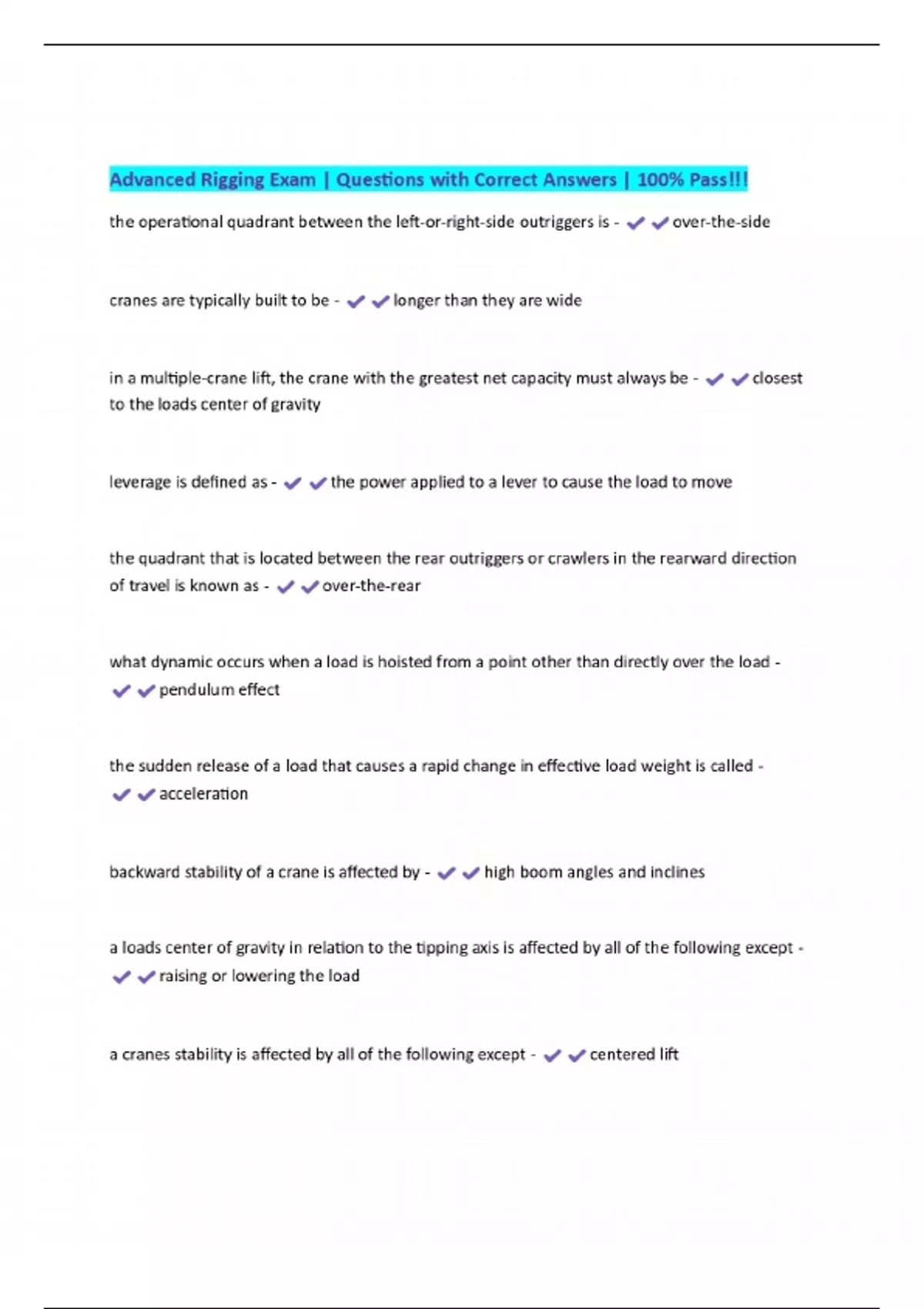 Advanced Rigging Exam | Questions with Correct Answers | 100% Pass ...