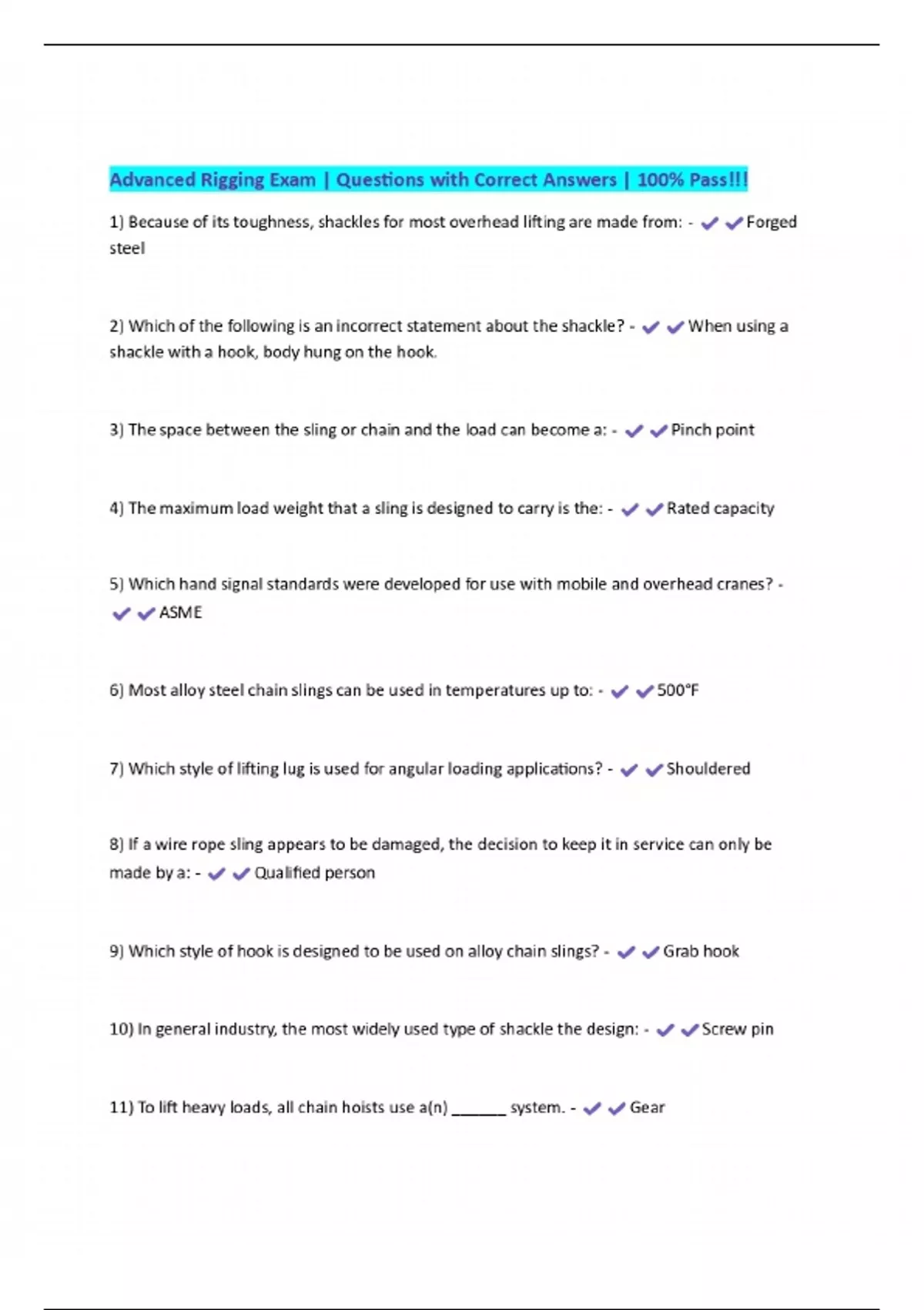 Advanced Rigging Exam | Questions with Correct Answers | 100% Pass ...