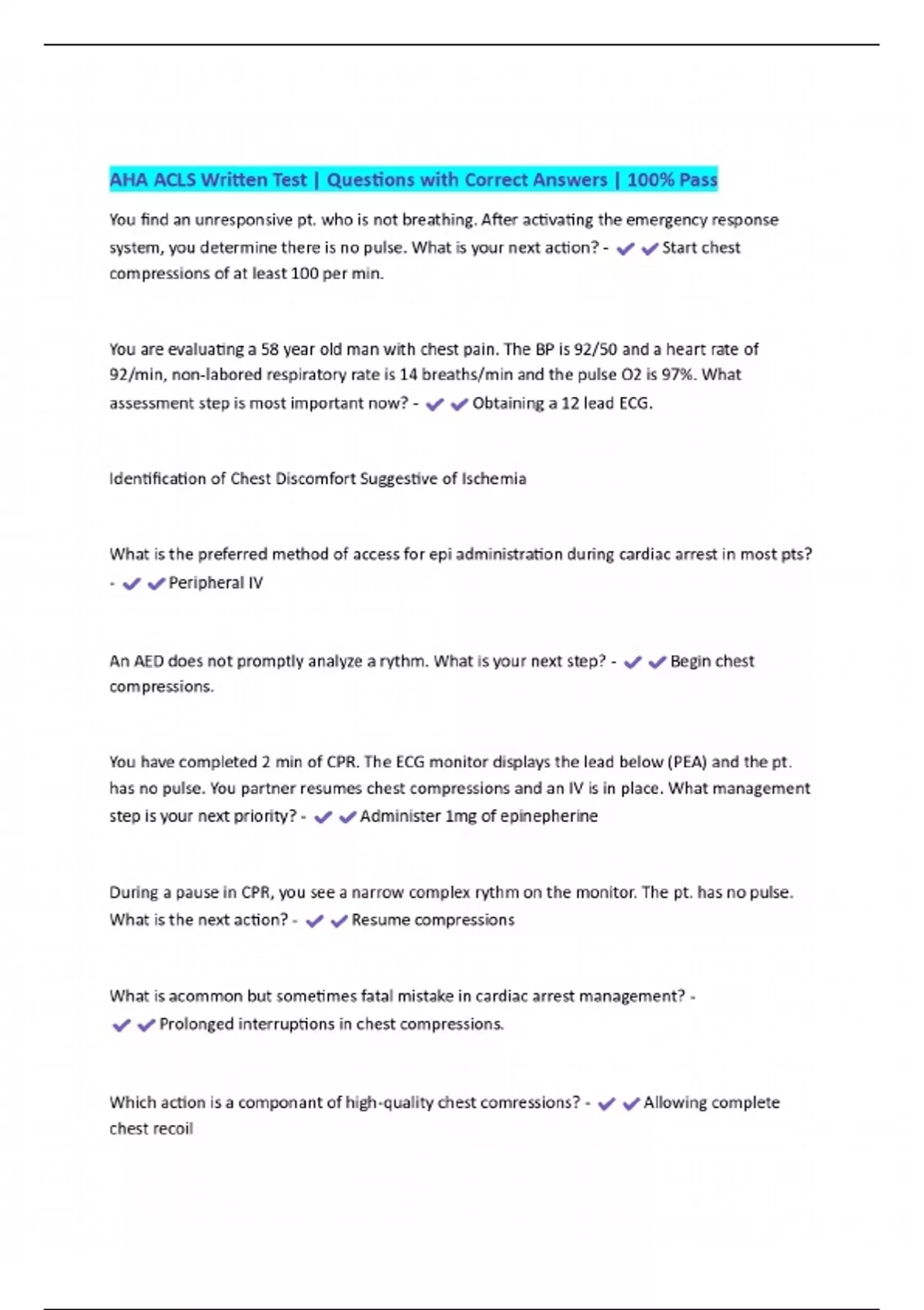 AHA ACLS Written Test | Questions with Correct Answers | 100% Pass ...
