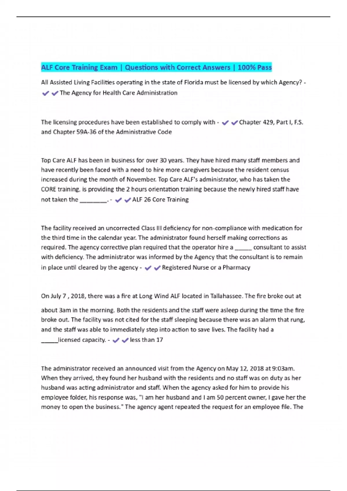 ALF Core Training Exam | Questions with Correct Answers | 100% Pass ...